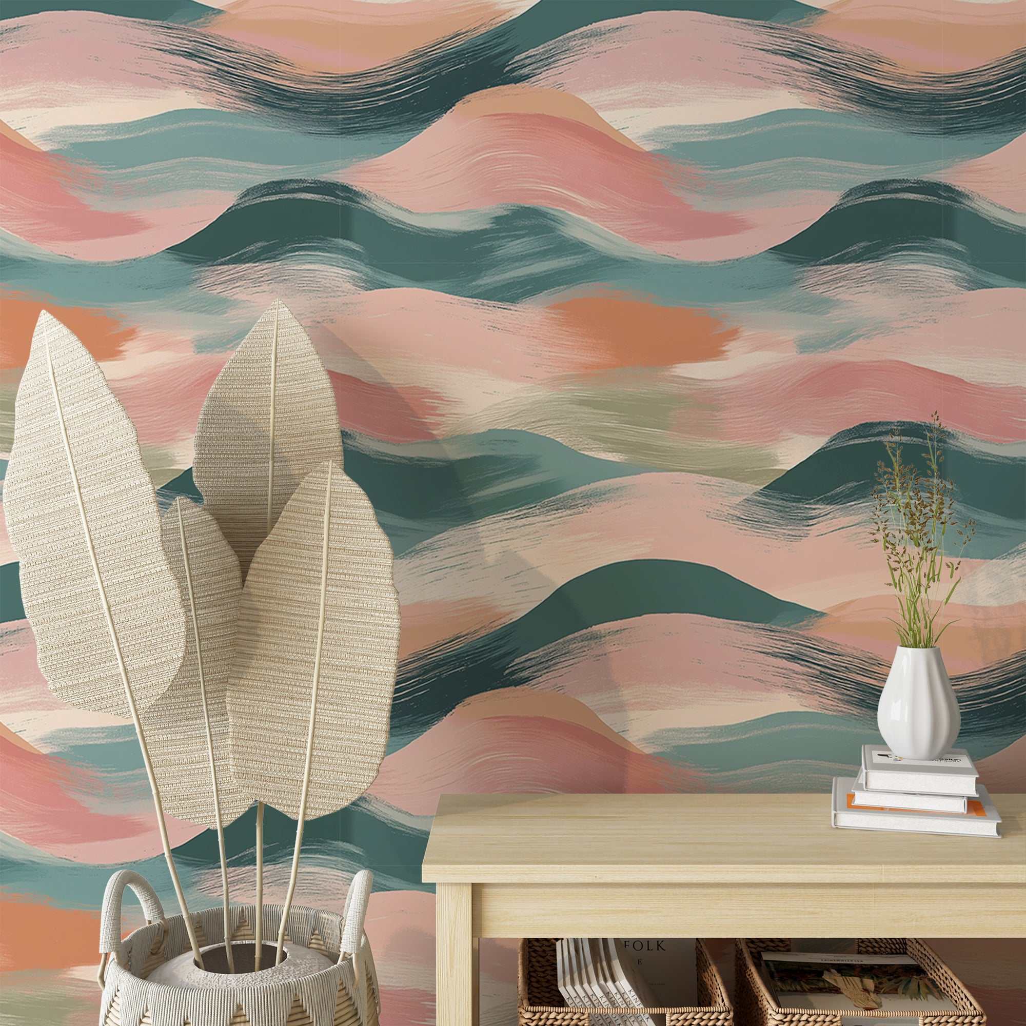 Pink and Green Abstract Waves Wallpaper - Peel and Stick Brushed Lines