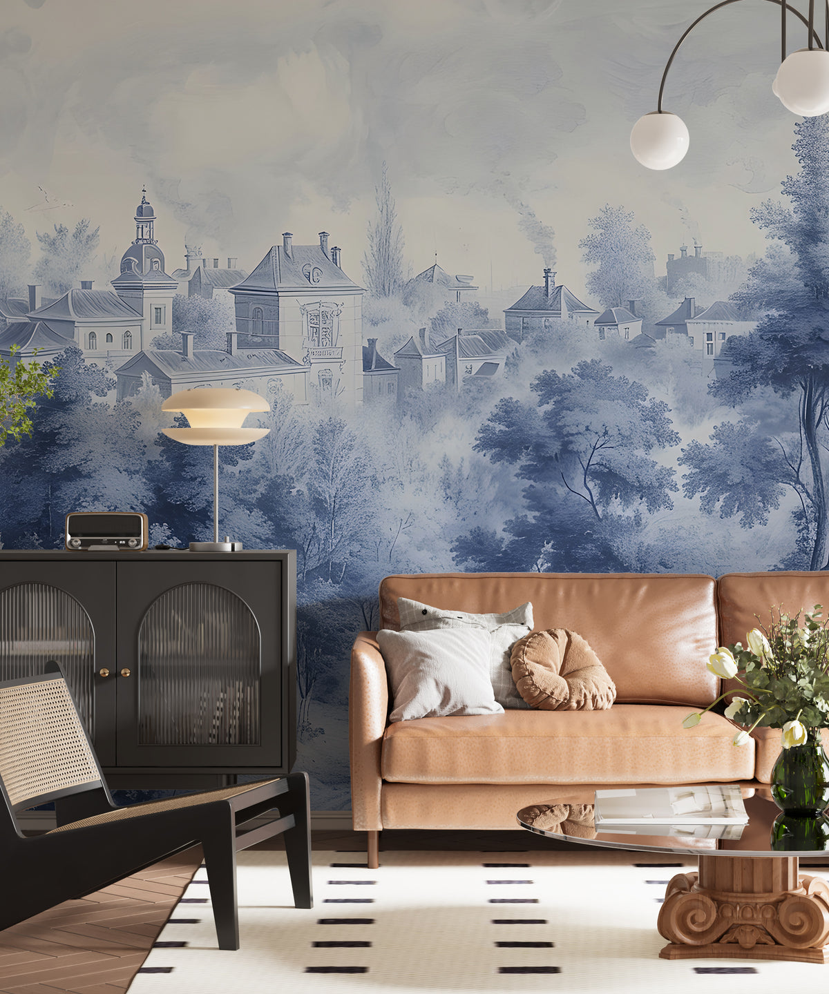 Blue Monochrome Trees and Village Mural - Toile de Jouy Style Mural