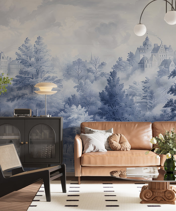 Classic French Style Mural - Blue Monochrome Landscape Wallpaper