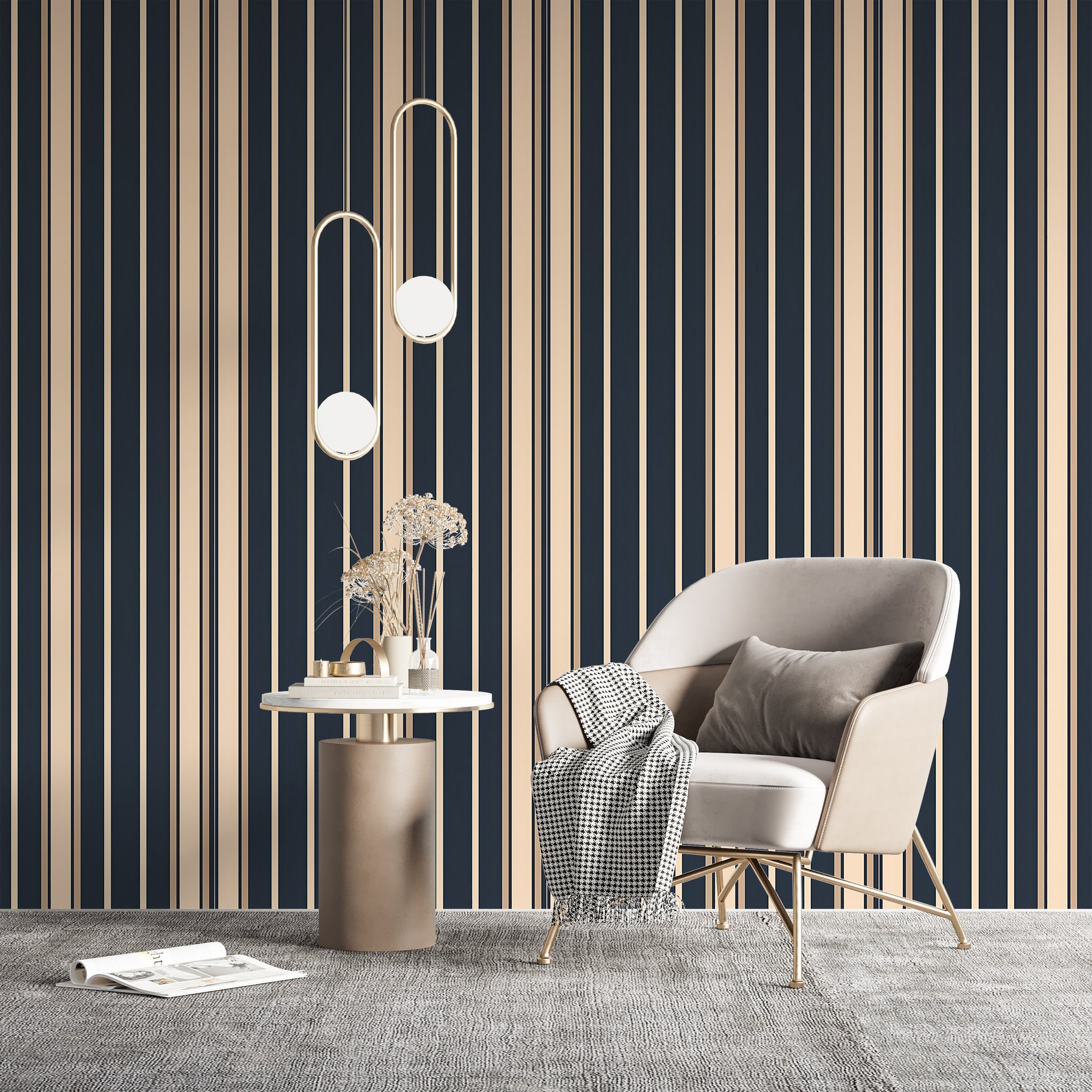 Navy Blue and Beige Striped Wallpaper - Classic Striped Wallpaper