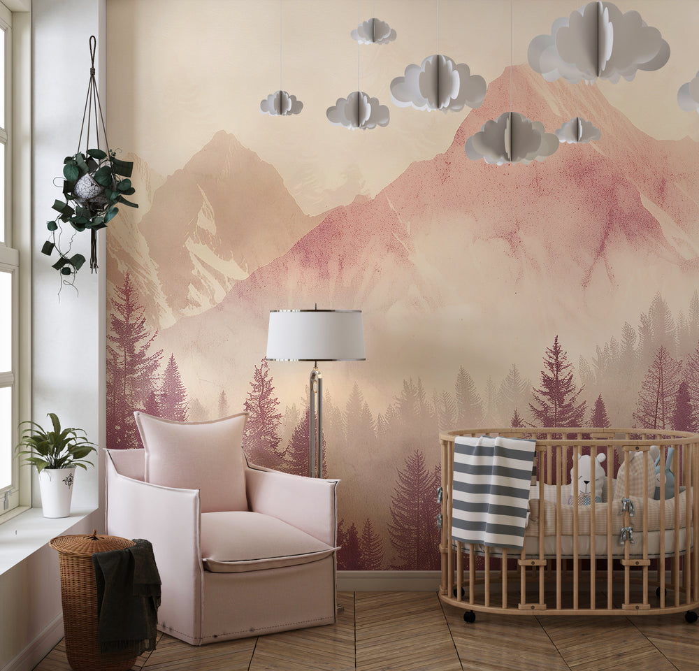 Soft Pink Watercolor Mountain and Forest Wallpaper