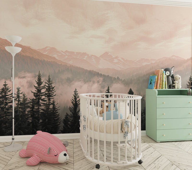 Pink Mountain Landscape Wallpaper - Peel and Stick Nursery Mural