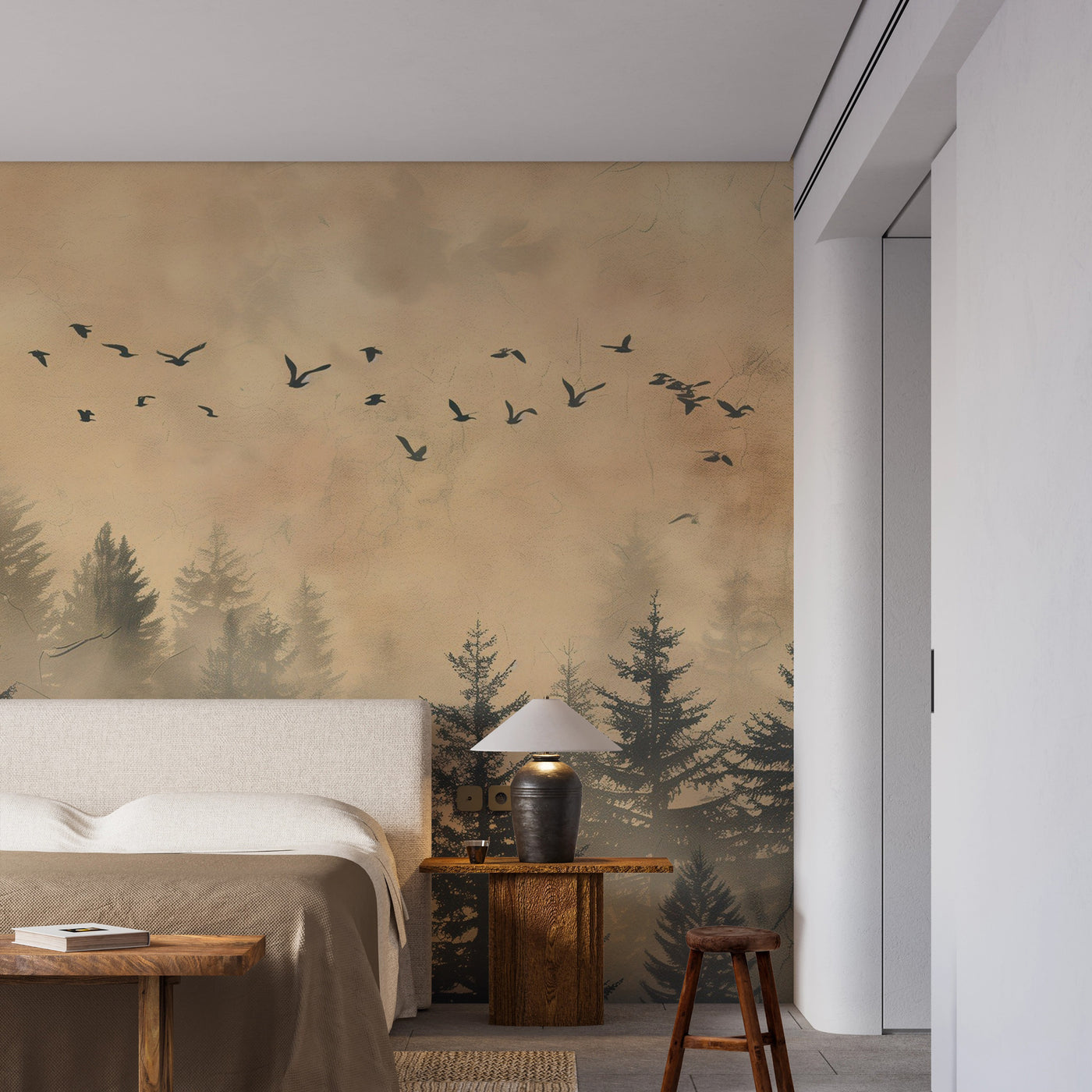 Birds and Pine Forest Vintage Mural - Beige Foggy Forest Wallpaper