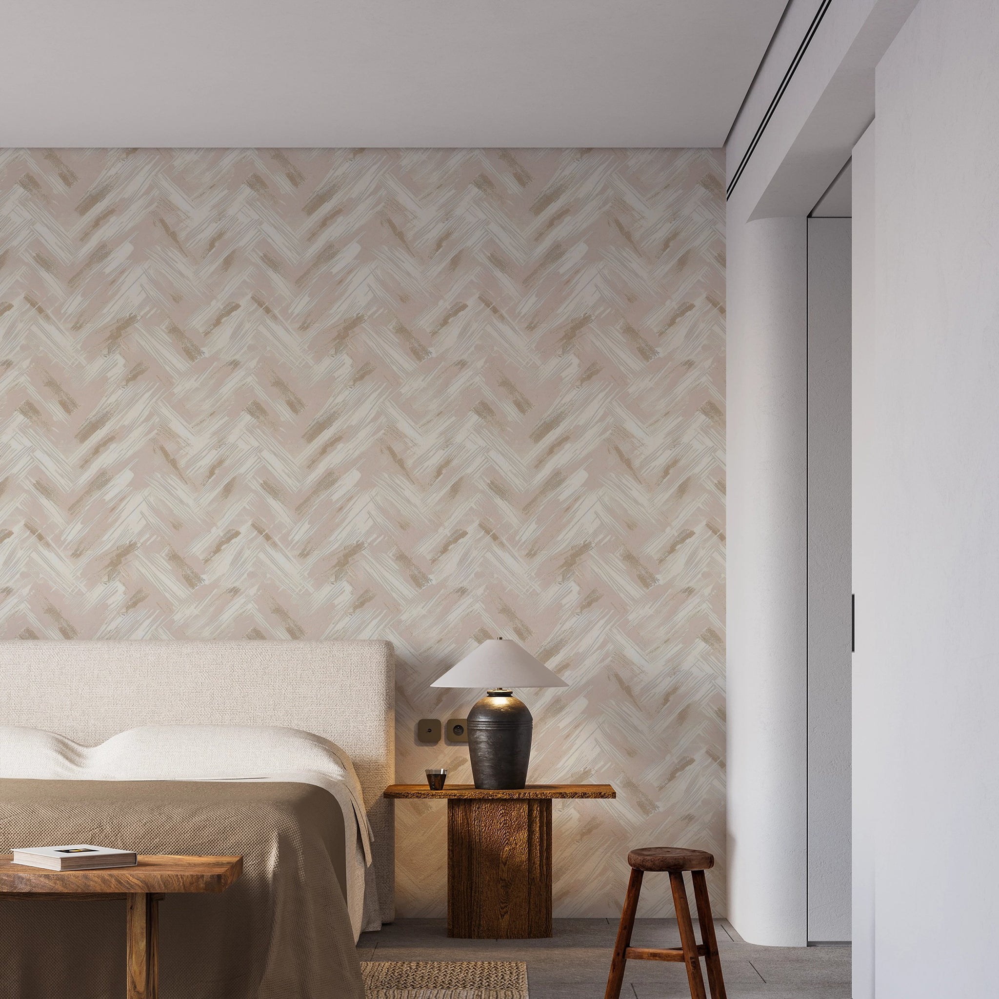 Beige Herringbone Wallpaper - Light Scandinavian Neutral Wallpaper
