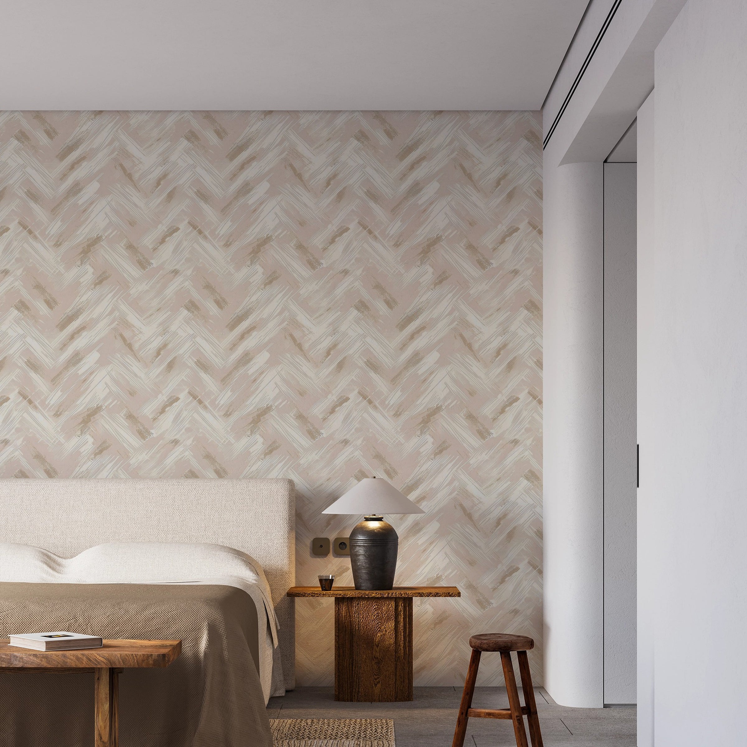 Beige Herringbone Wallpaper - Light Scandinavian Neutral Wallpaper