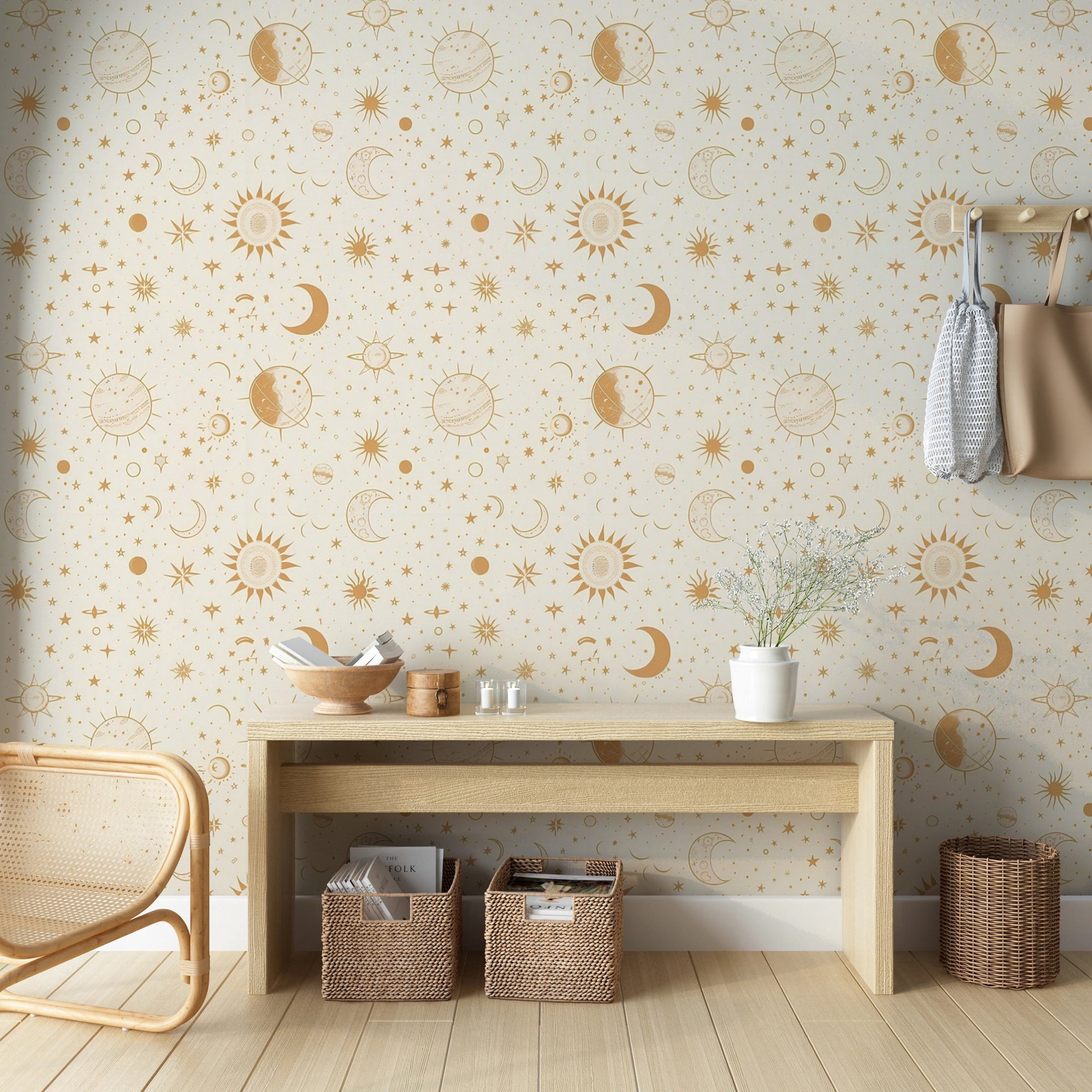 Beige Celestial Wallpaper - Planets Stars and Sun Pattern Wallpaper