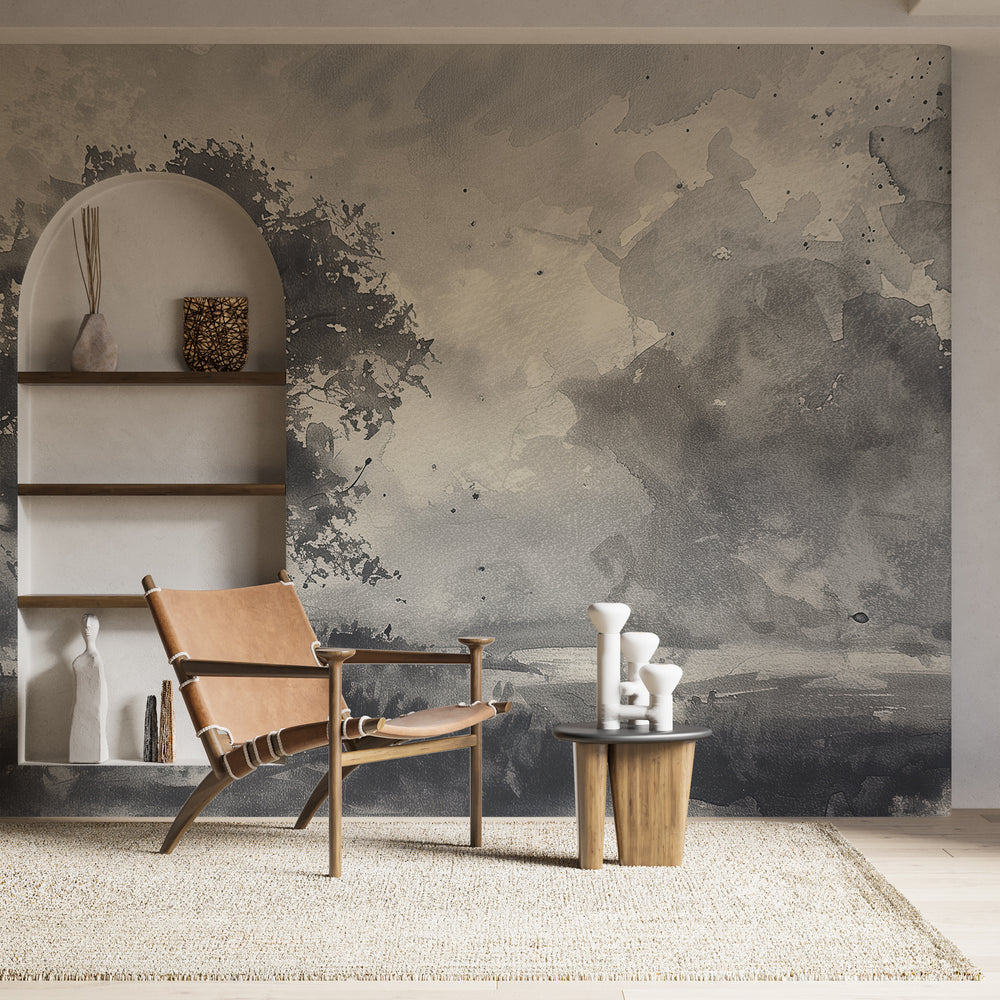Grey Monochrome Tree Mural - Watercolor Dark Field Landscape Wallpaper