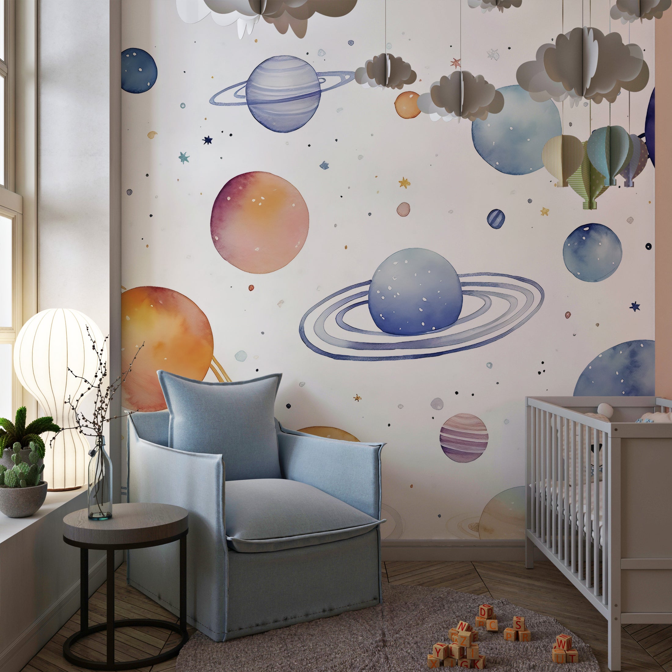 Watercolor Space Mural - Nursery Peel and Stick Planets - Solar System