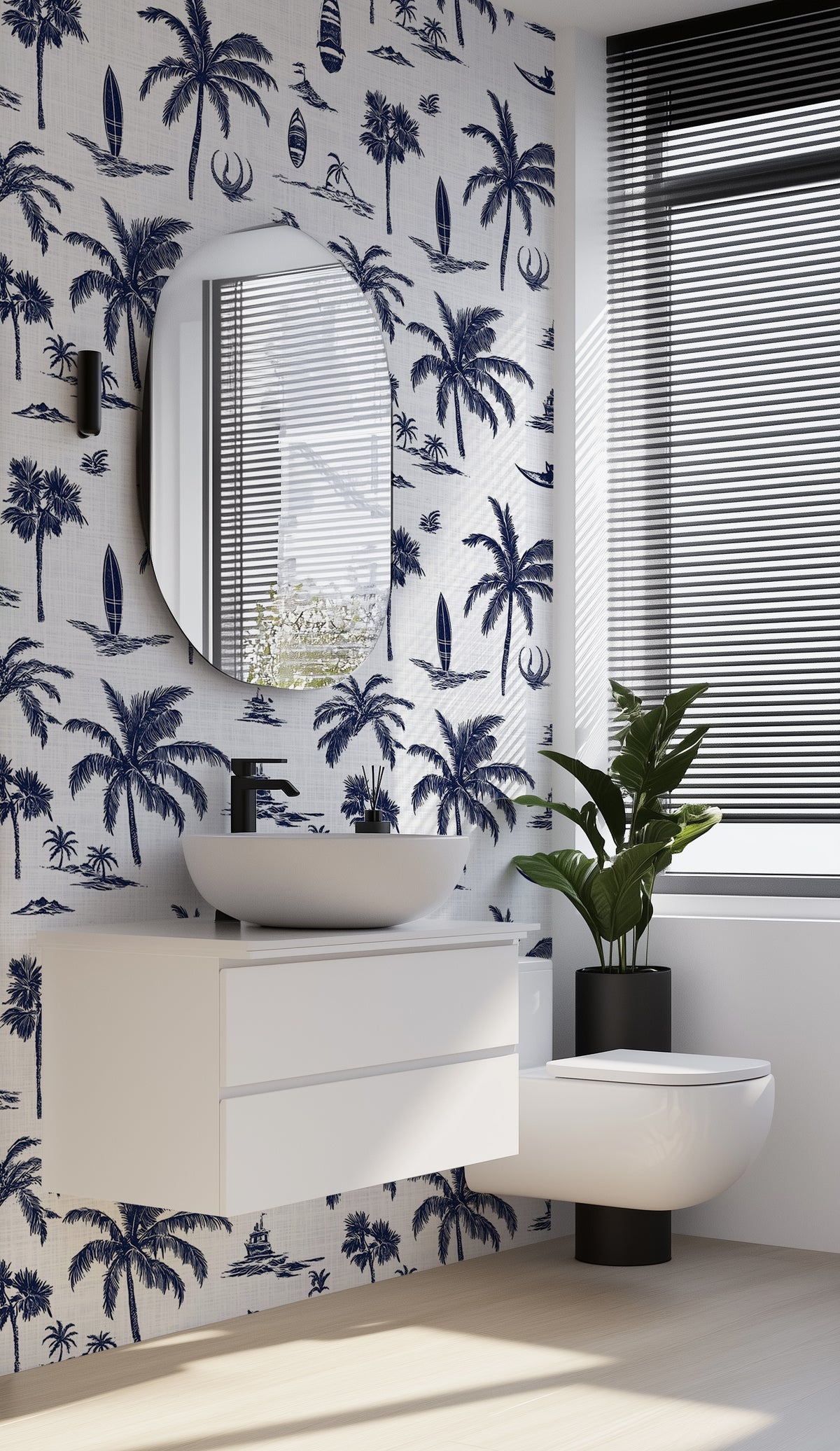 Blue and White Tropical Symbols Wallpaper - Palm Trees and Surfboards