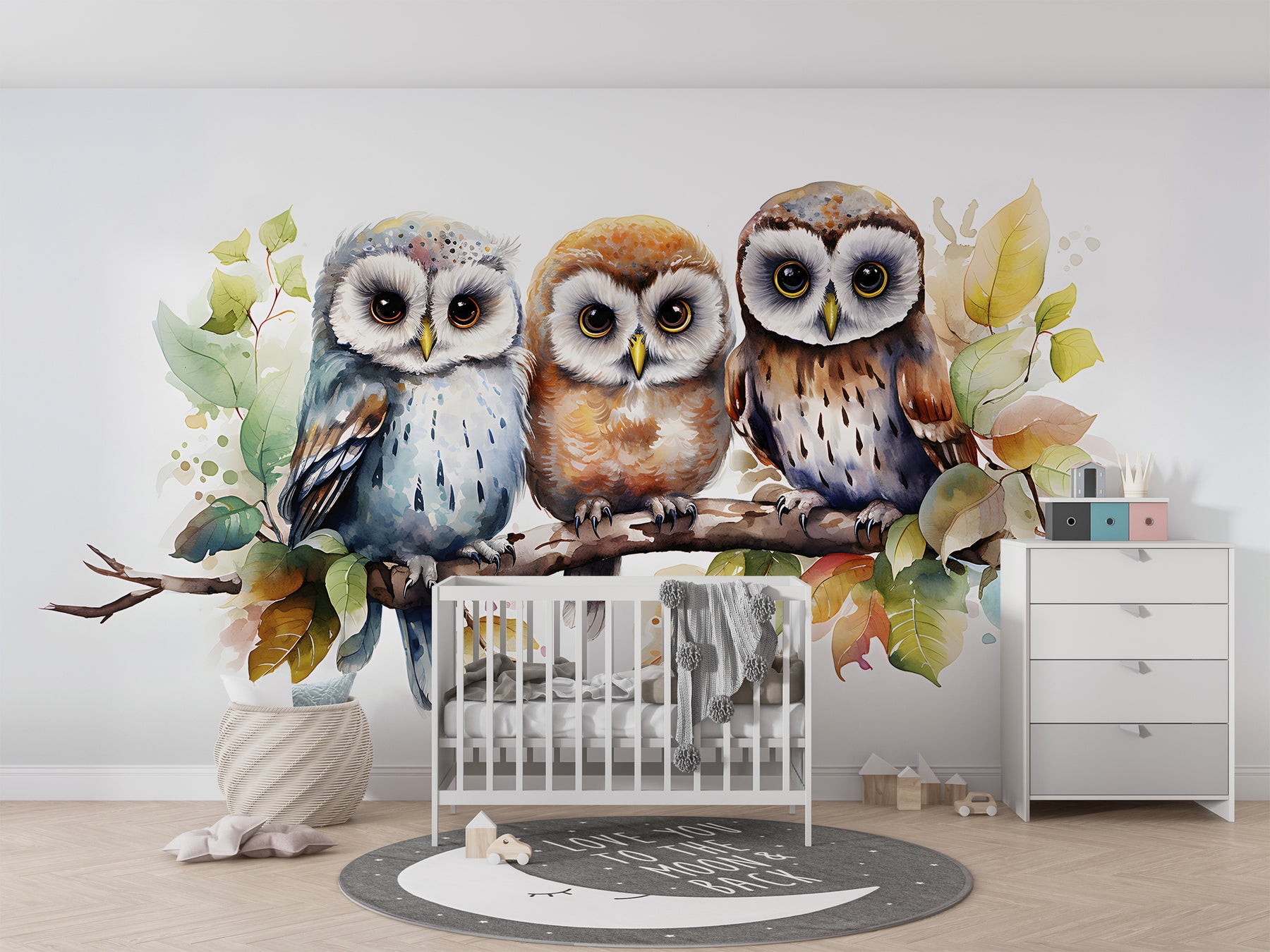 Watercolor Owls Mural - Colorful Birds Wallpaper