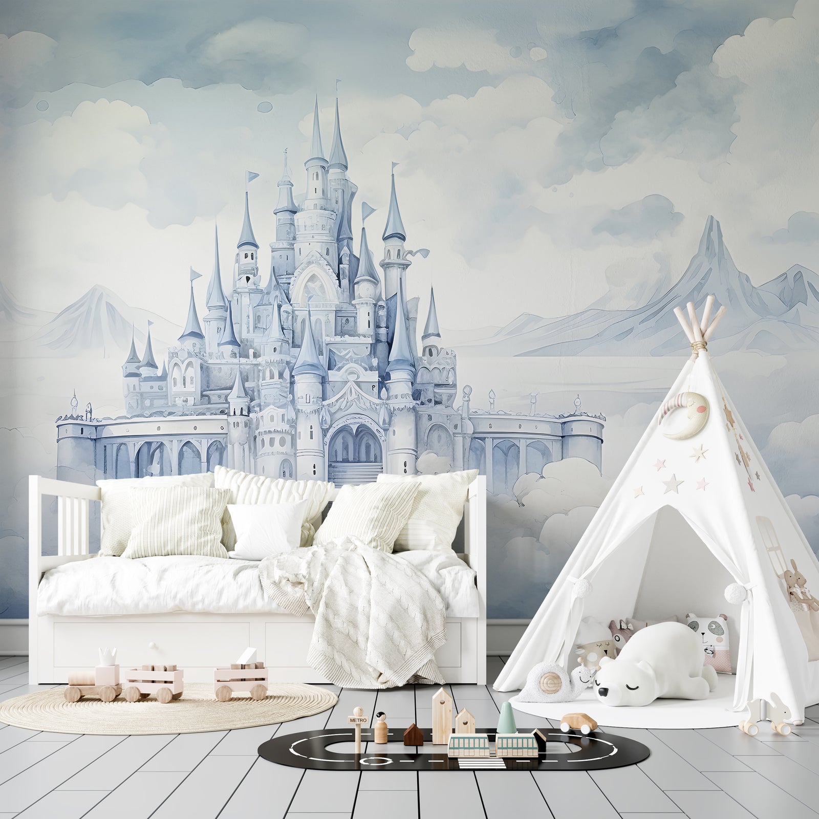 Fairytale Castle Mural - Blue Nursery Peel and Stick Wallpaper