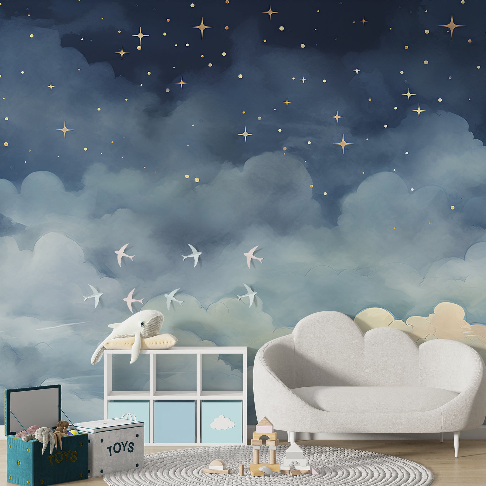 Blue Sky With Stars Mural - Nursery Peel and Stick Night Sky Wallpaper