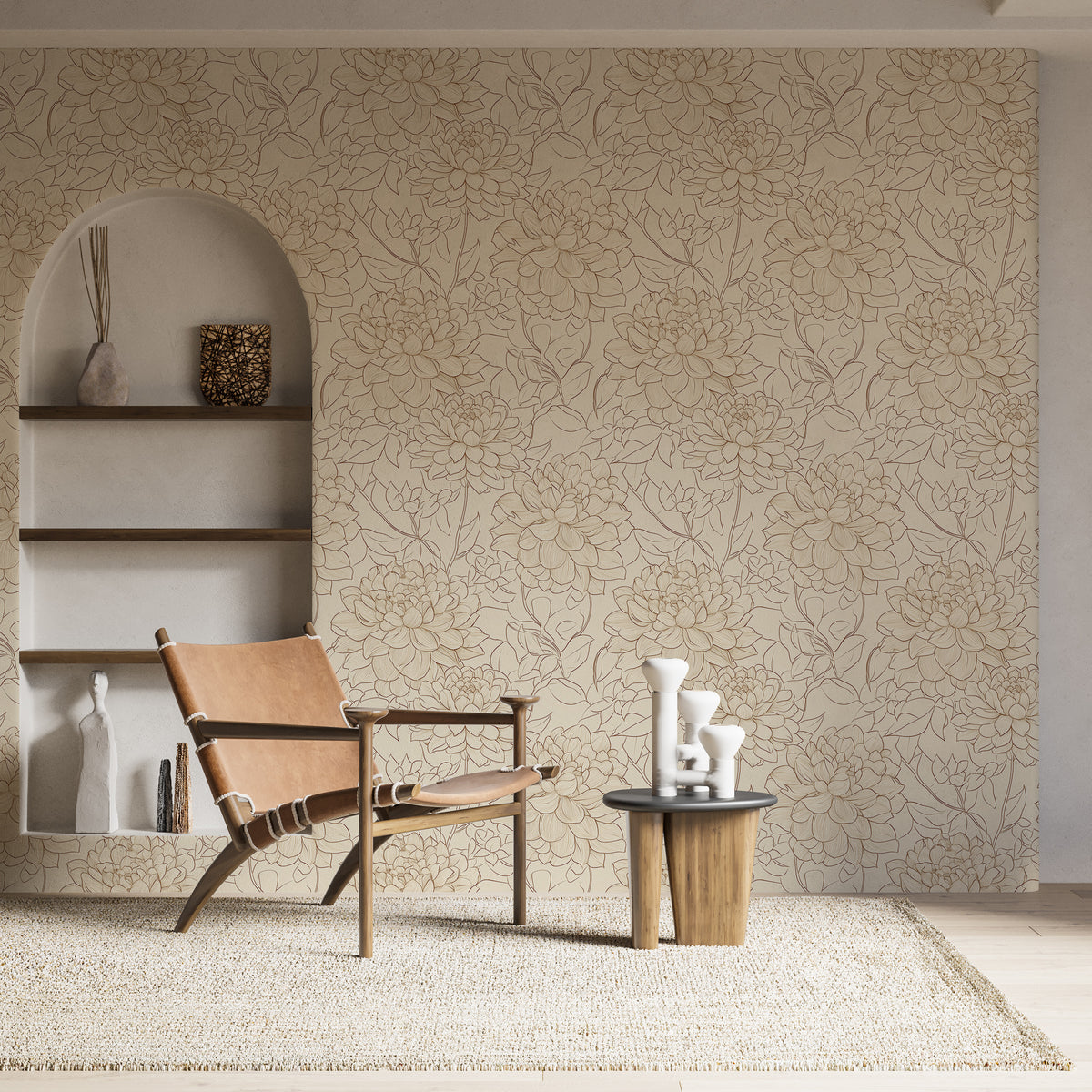 Beige Floral Wallpaper - Peonies Flower Pattern Wallpaper