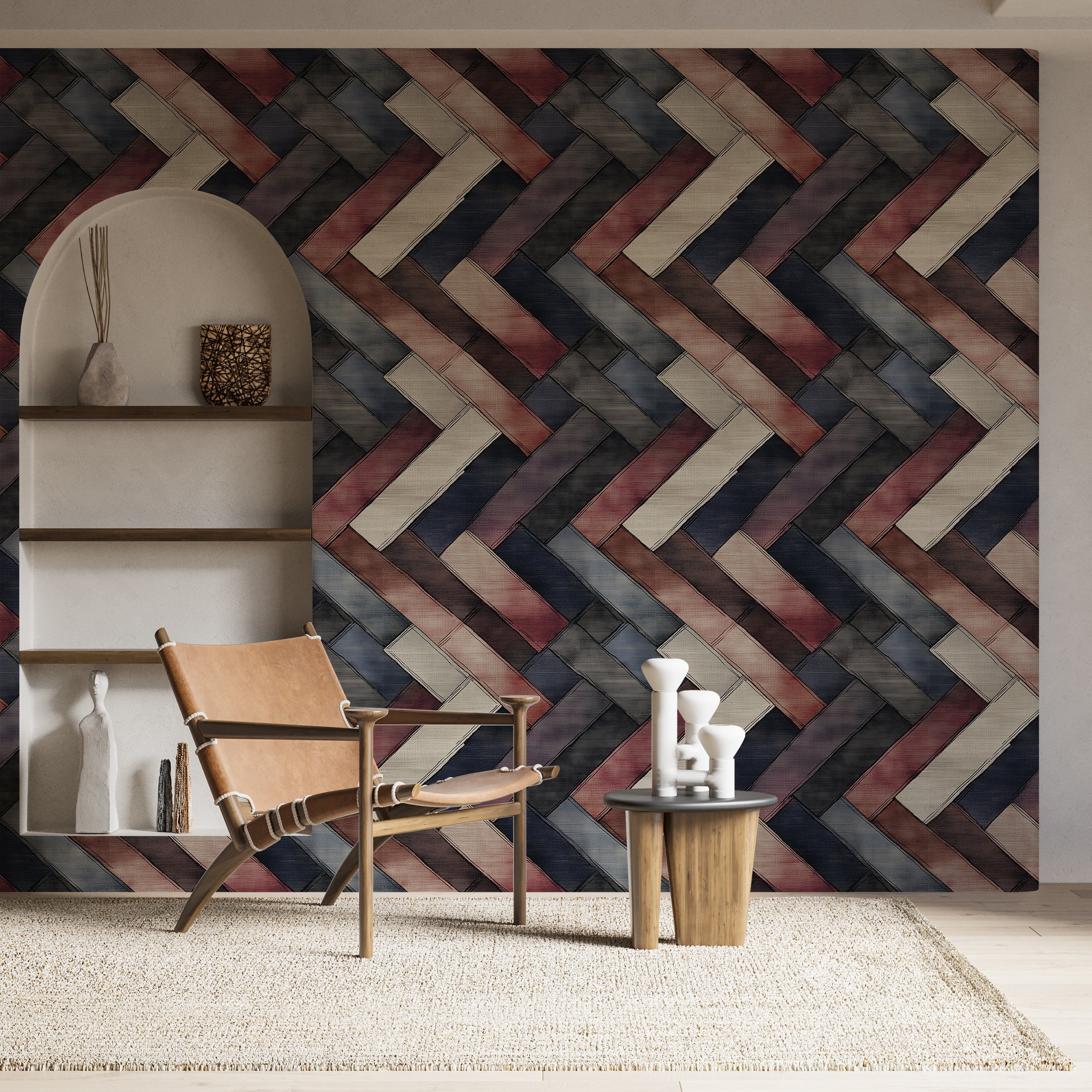 Colorful Accent Wall Herringbone Wallpaper - Dark Bricks Wallpaper