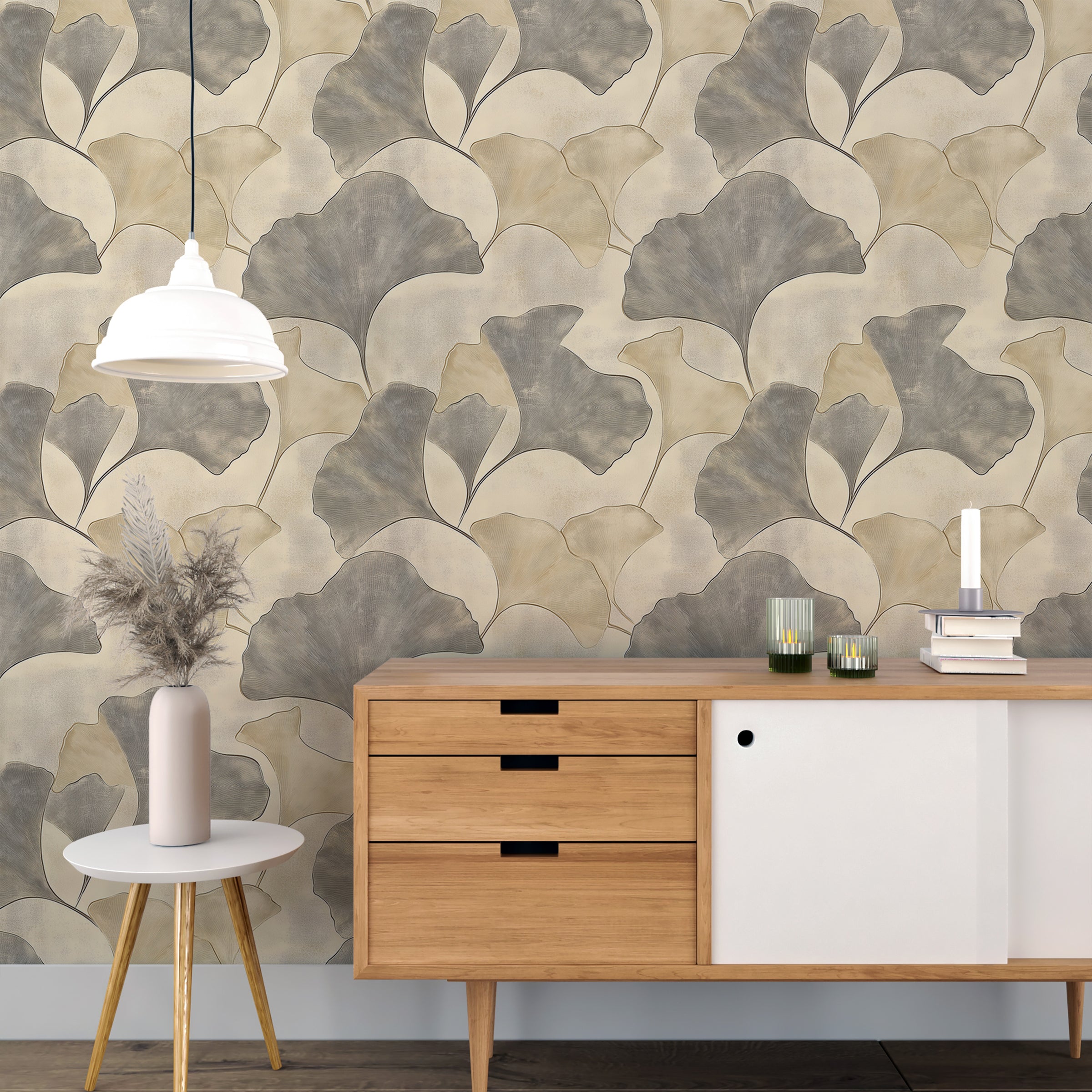 Beige and Grey Leaf Pattern Wallpaper - Luxury Leaves Decor