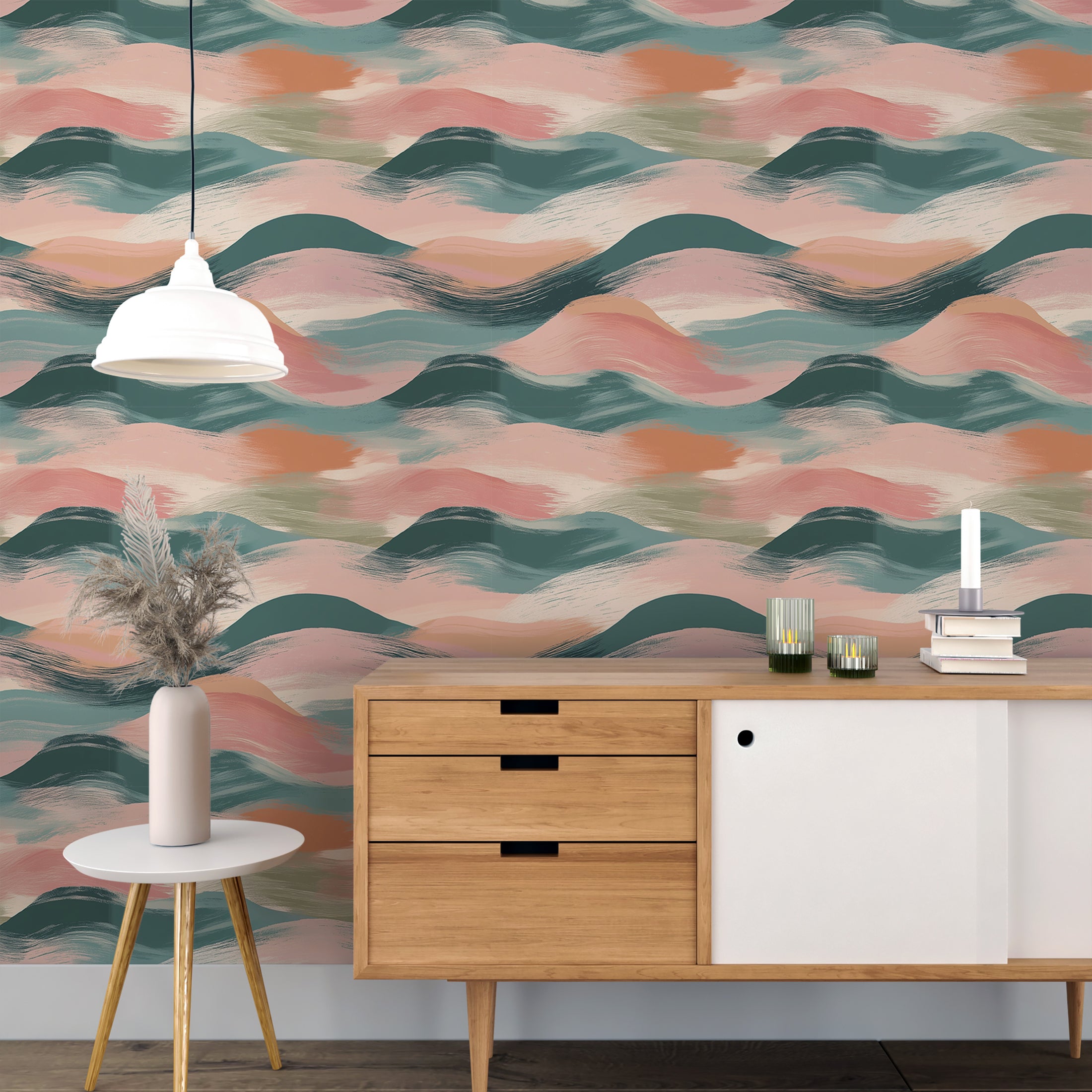 Pink and Green Abstract Waves Wallpaper - Peel and Stick Brushed Lines