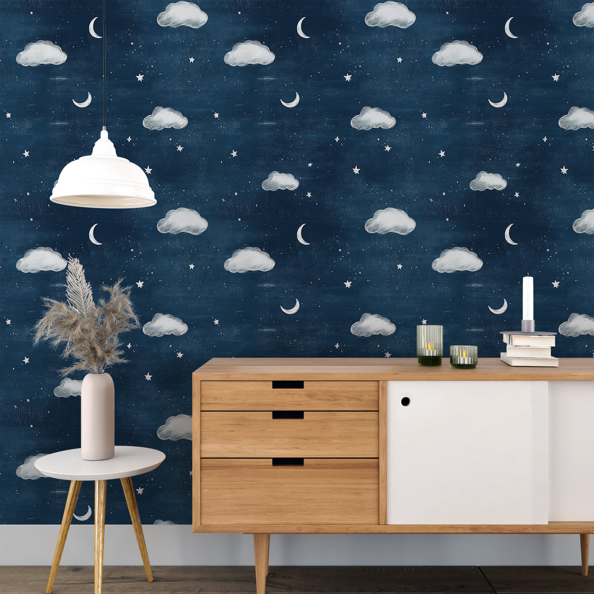 Nursery Dark Blue Stars and Clouds Wallpaper - Starry Night Wall Decor