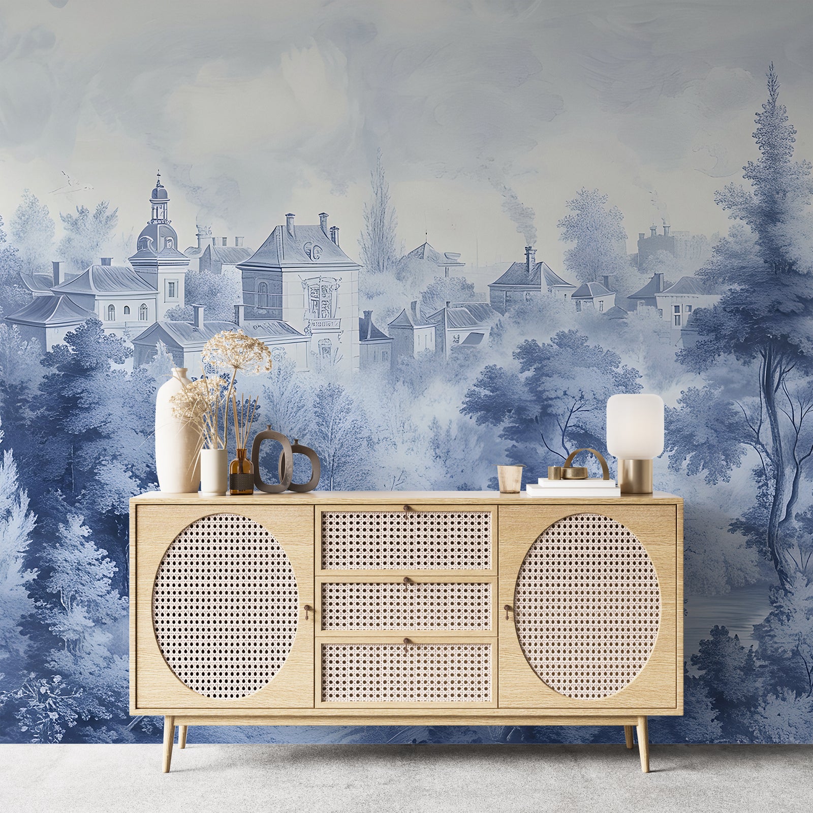 Blue Monochrome Trees and Village Mural - Toile de Jouy Style Mural