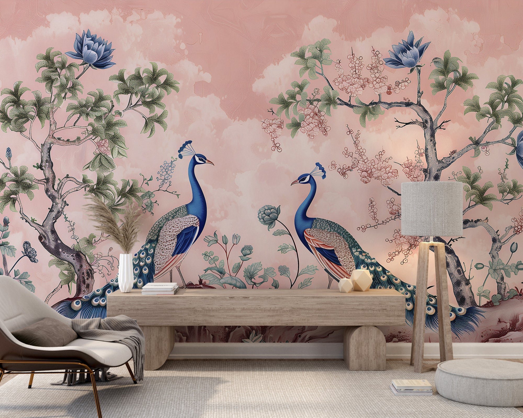 Soft Pink Chinoiserie Mural - Peacock Wallpaper