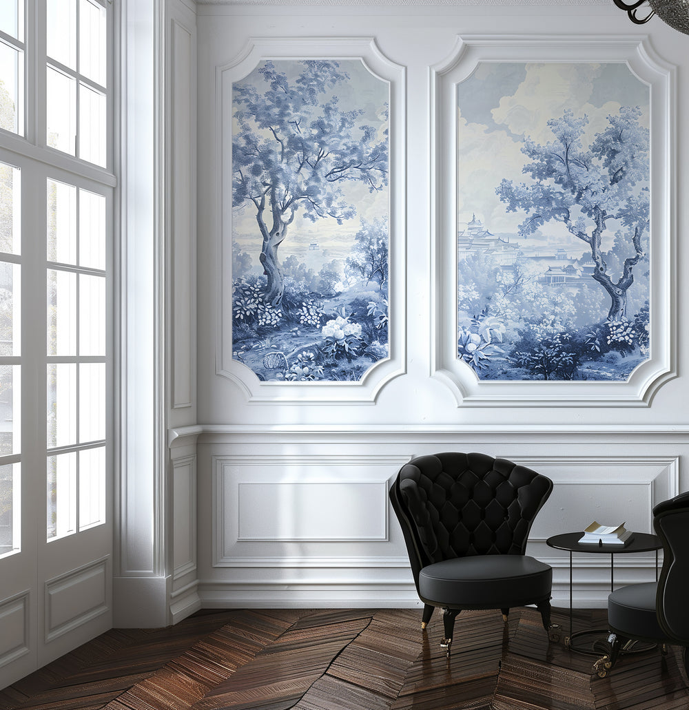 Blue Watercolor Trees Wallpaper - Classic French Style Landscape Mural