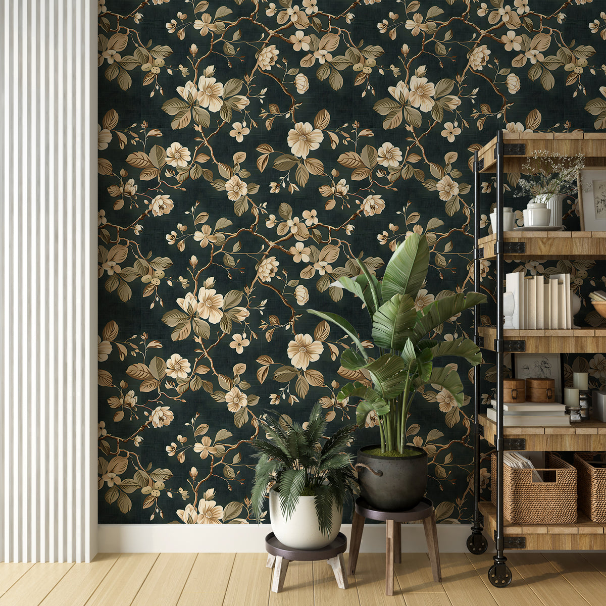 Deep Green Botanical Wallpaper - Vintage Dark Floral Wallpaper