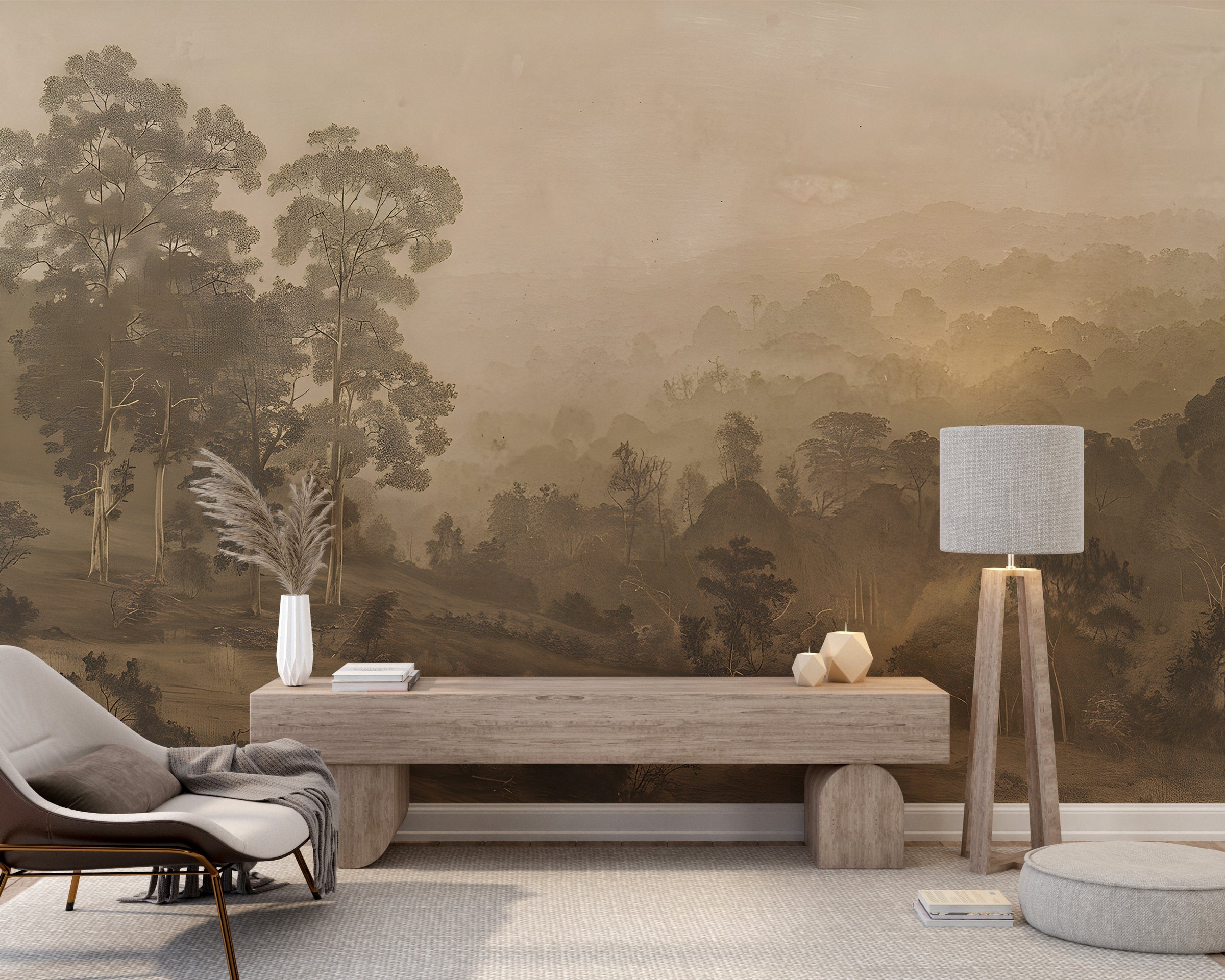 Beige Scenic Wallpaper - Old Style Landscape Mural