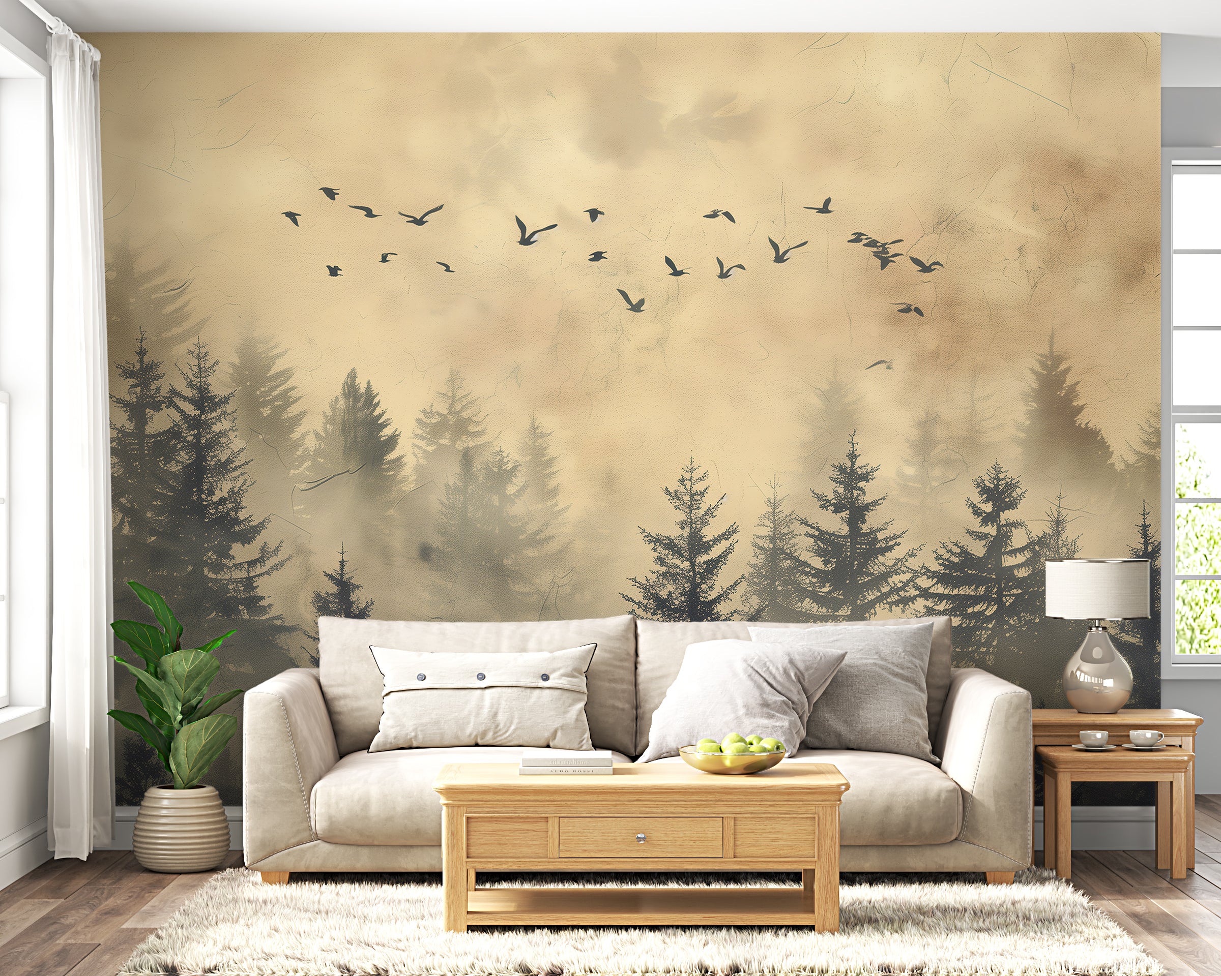 Birds and Pine Forest Vintage Mural - Beige Foggy Forest Wallpaper