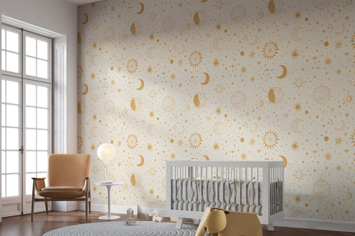 Beige Celestial Wallpaper - Planets Stars and Sun Pattern Wallpaper