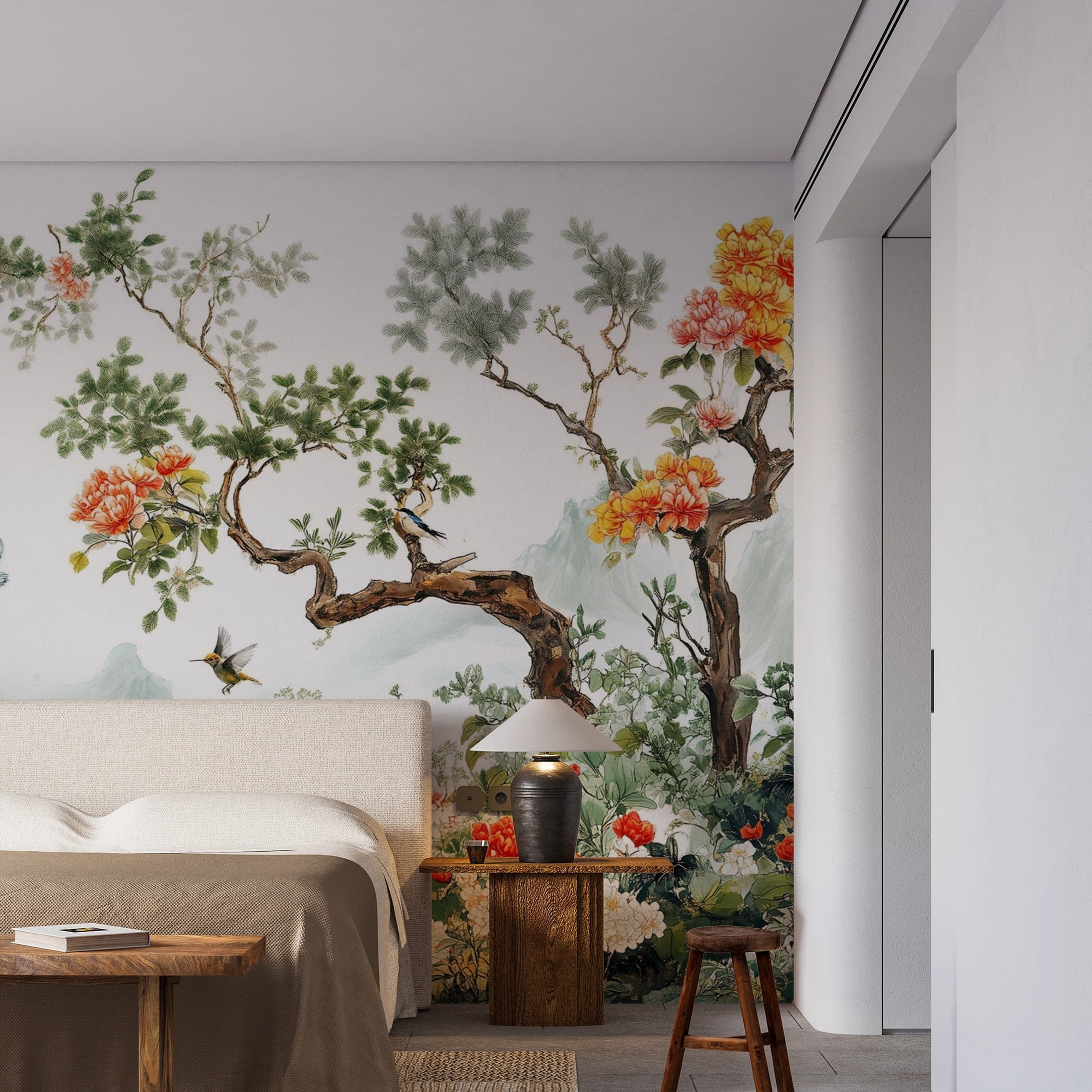 Blossom Trees and Mountains Wall Mural - Colorful Japanese Landscape