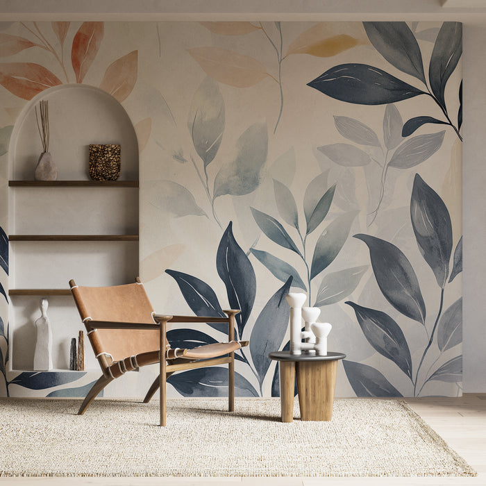 Large Scale Pastel Colors Leaves Mural - Minimalist Botanical Wallpaper