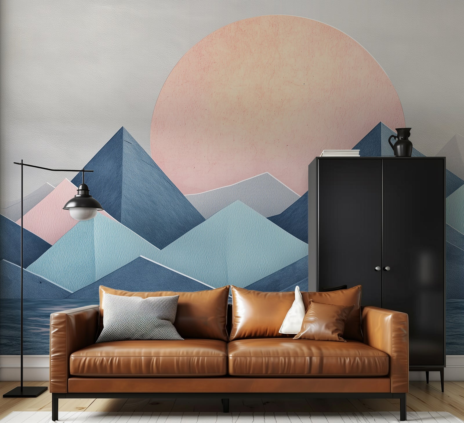 Abstract Blue Mountains in Cubism Style Mural - Peel and Stick Sunset
