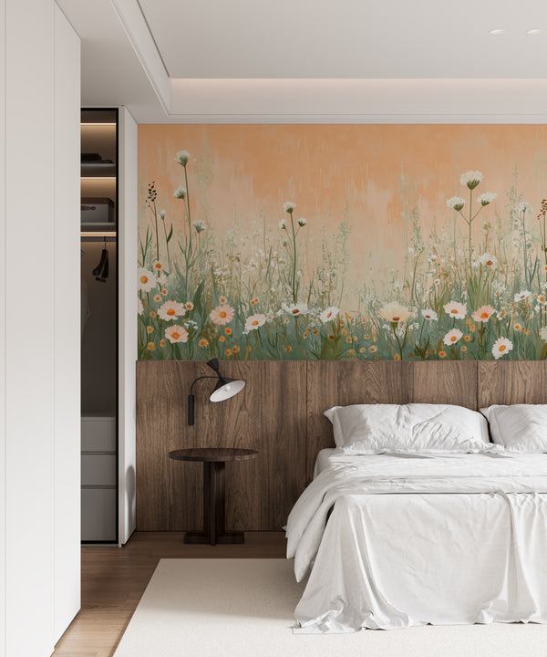 Peach Color Flower Field Mural - Soft Kids Room Wild Daisies Wallpaper