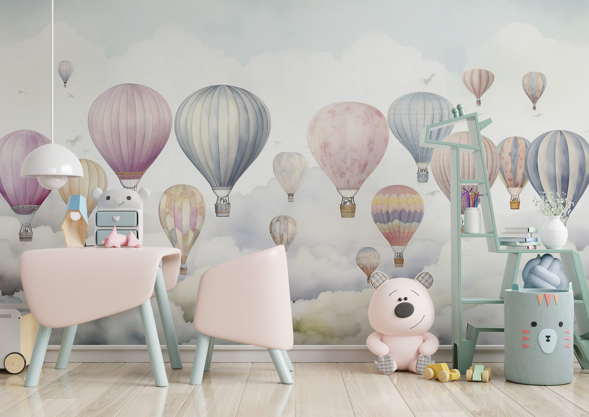 Hot Air Balloons Mural - Watercolor Nursery Wallpaper - Peel and Stick