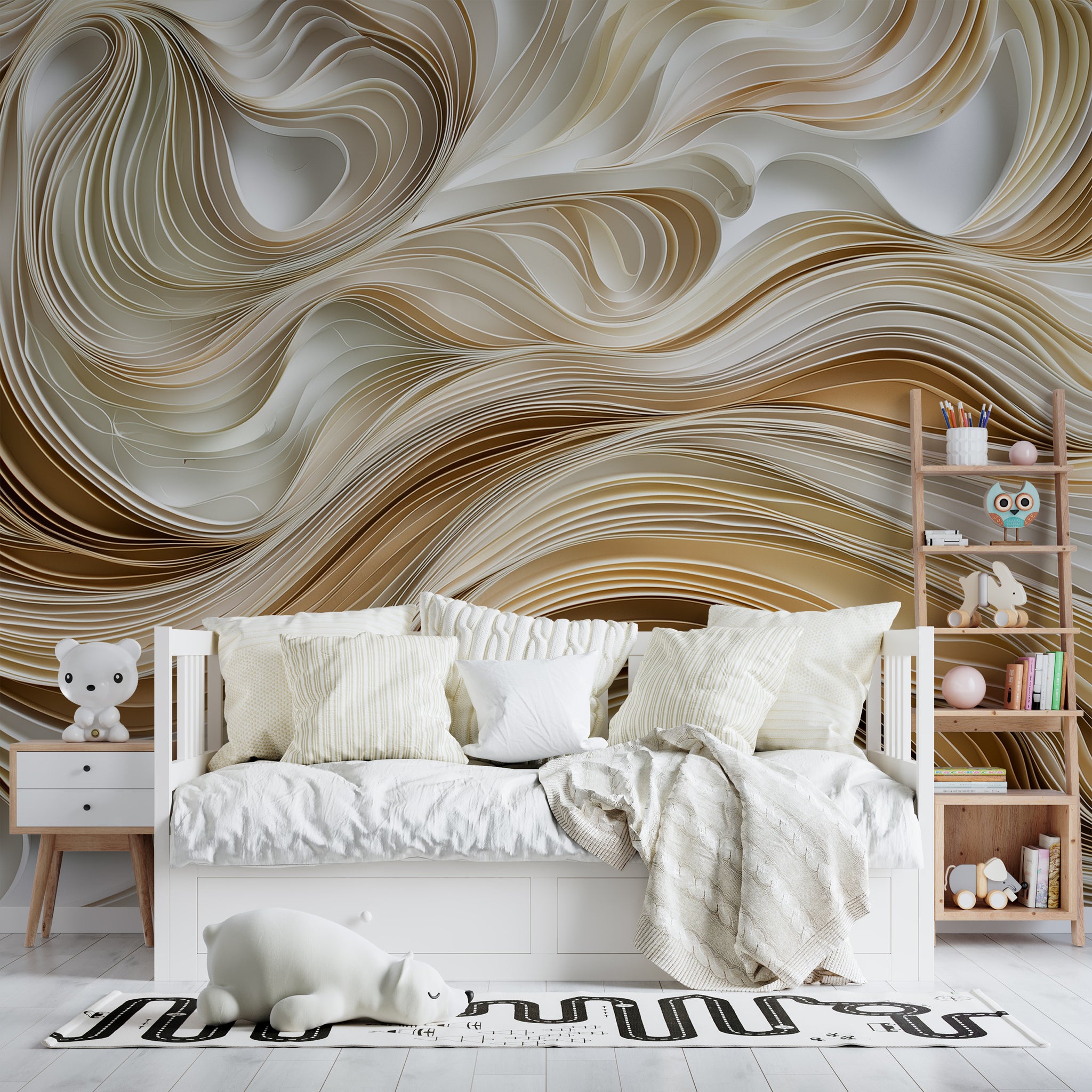 Beige and Cream Abstract Wavy Line Art Wall Mural in Soft Geometric
