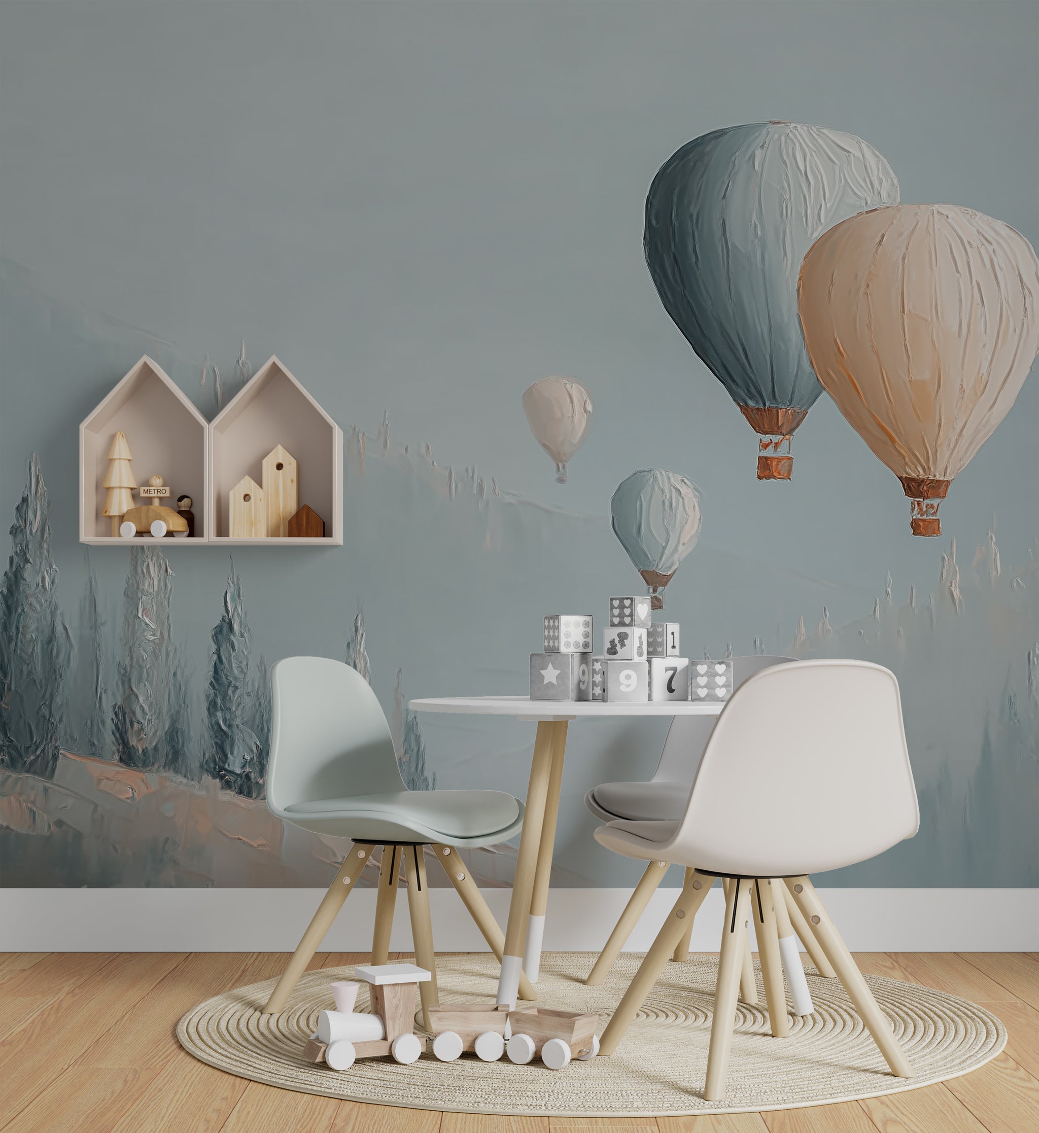 Pastel Hot Air Balloons Mural with Soft Blue Mountains Nursery Landsca