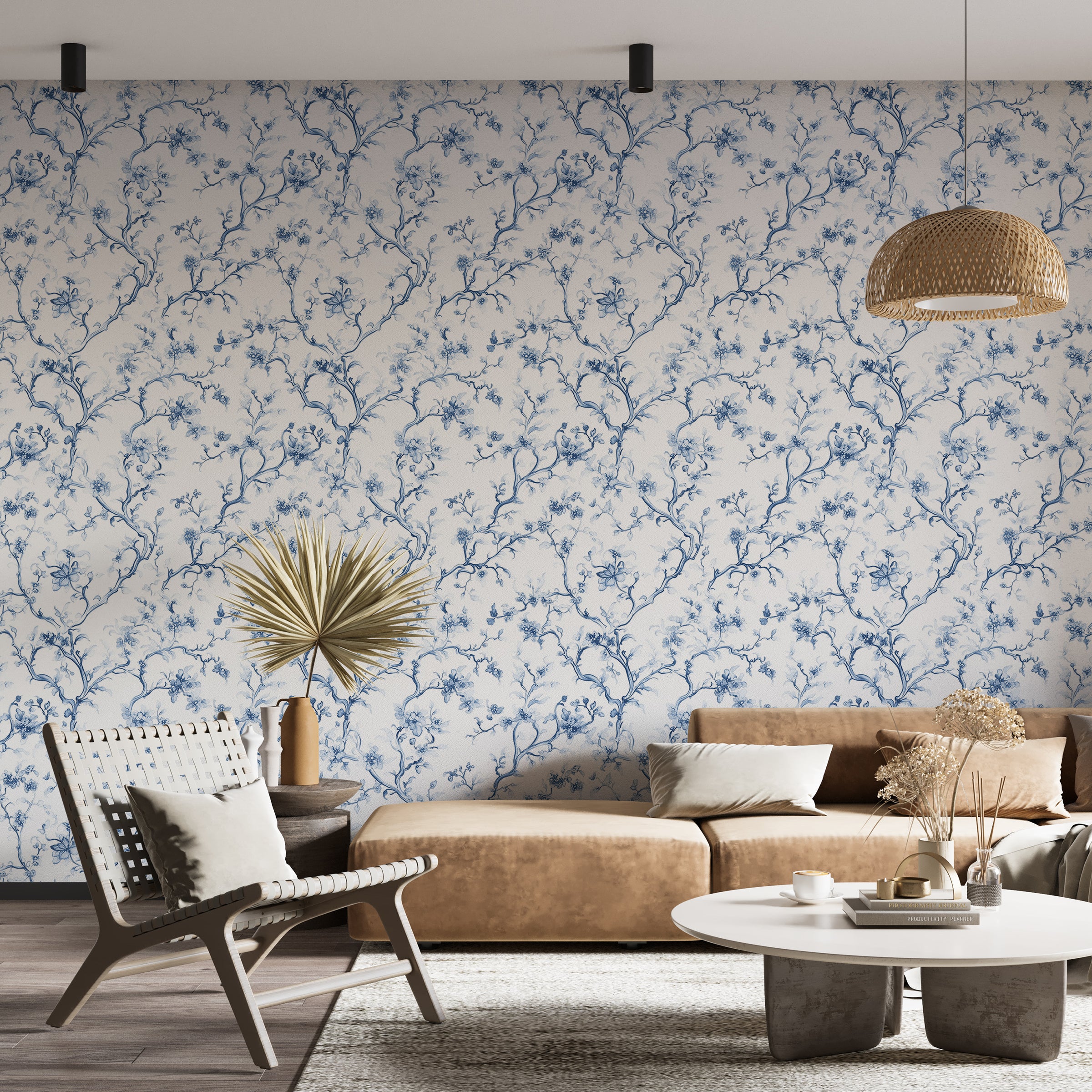 Classic French Botanical Wallpaper - Blue & White Branches Wallpaper