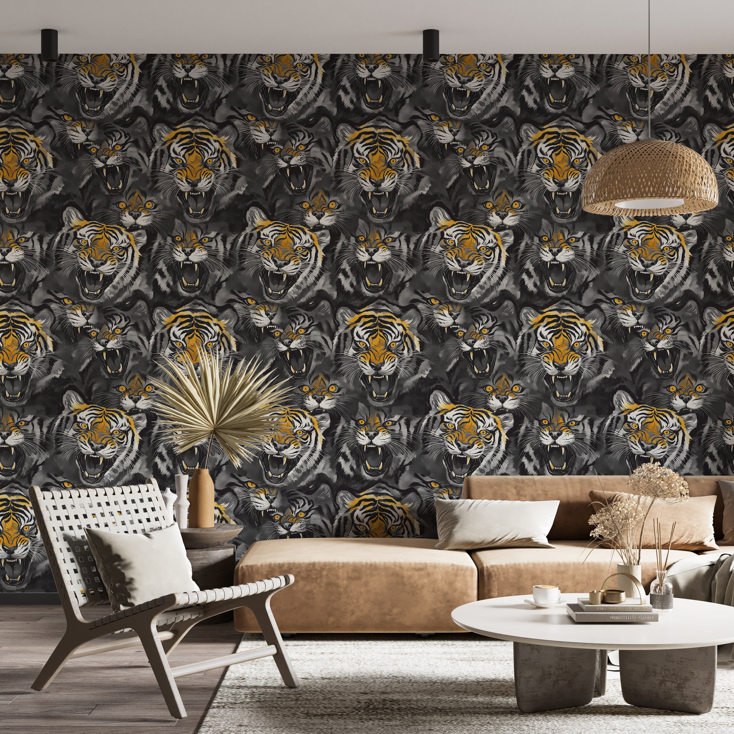 Dark Tiger Print Wallpaper - Orange and Grey Safari Animal Print Art