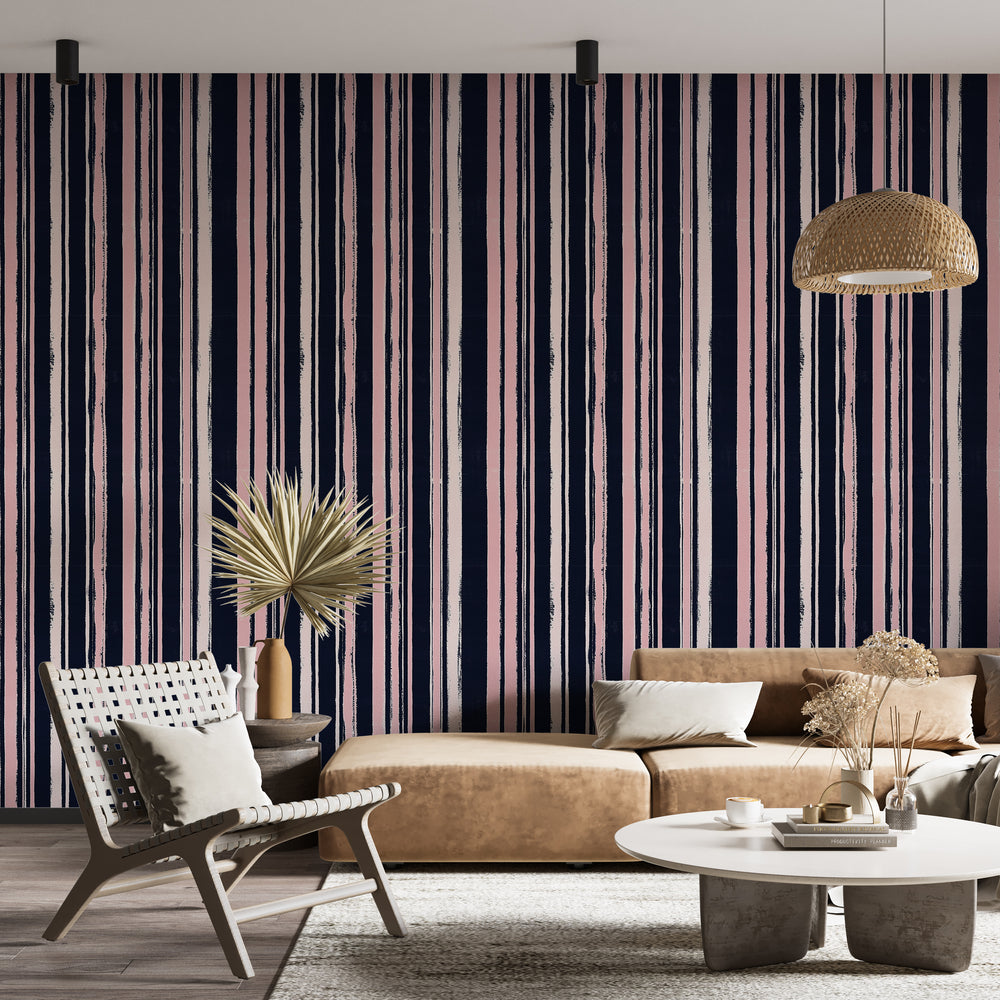 Dark Blue and Pink Striped Wallpaper - Classic Stripes Wall Decor