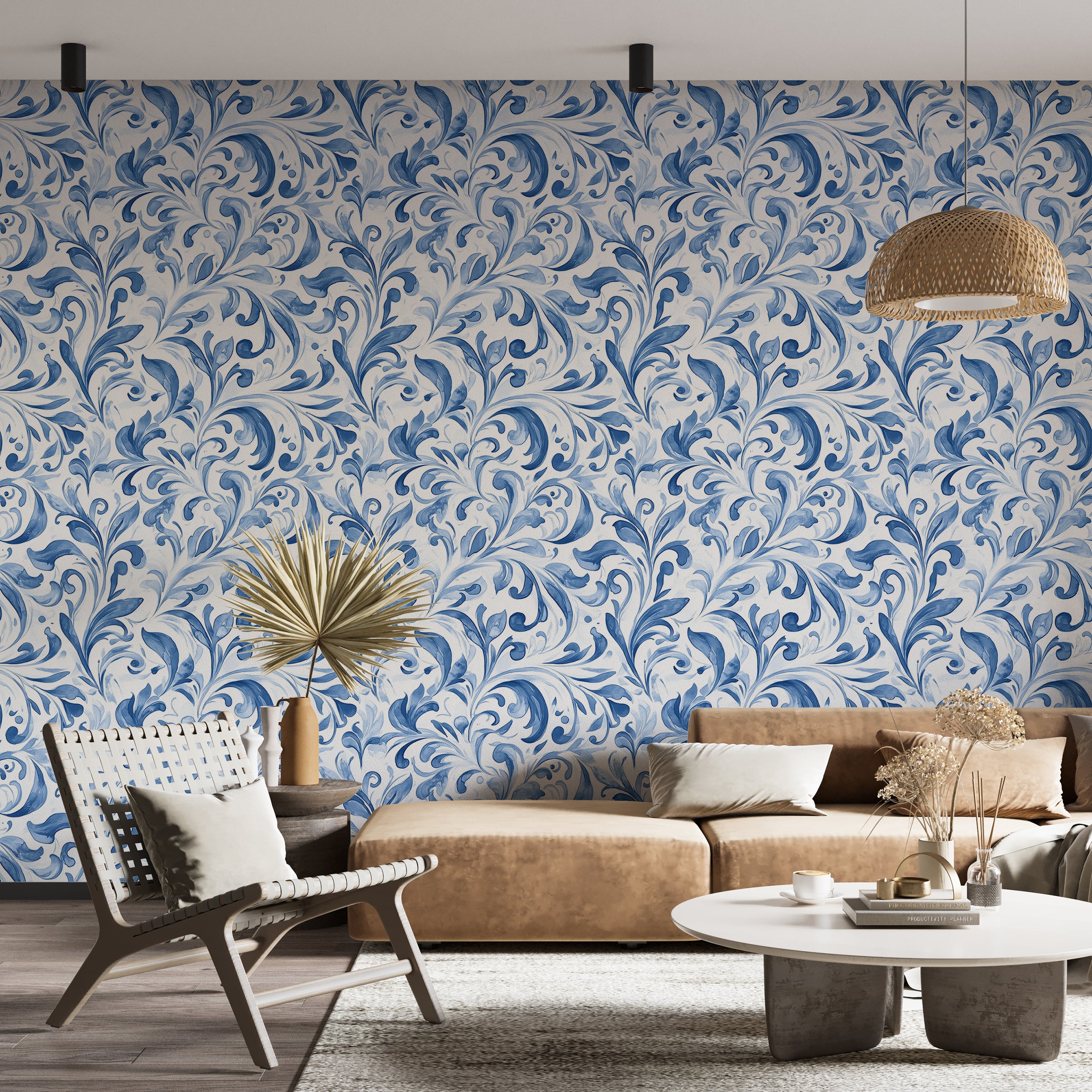 Watercolor Blue and White Abstract Leaves Wallpaper - Filigree Pattern