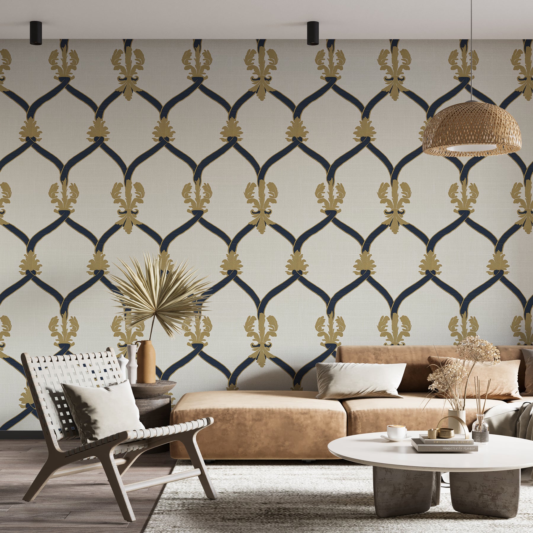 Victorian Classic Wallpaper - Blue and Gold Traditional Pattern Decor
