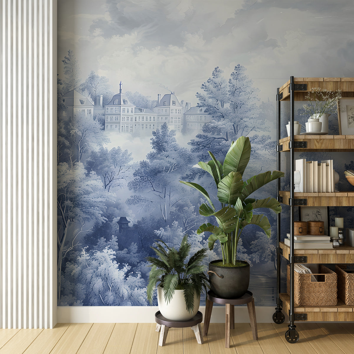 Classic French Style Mural - Blue Monochrome Landscape Wallpaper
