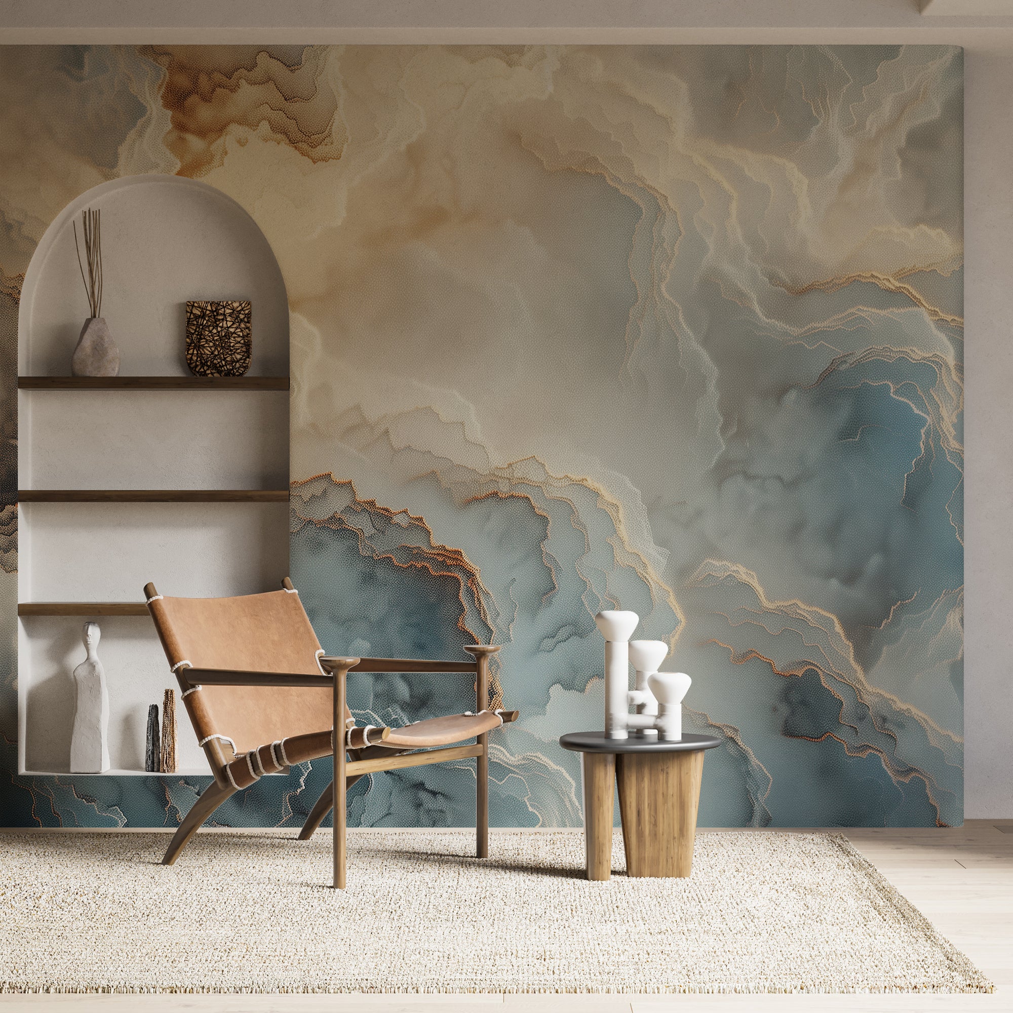 Blue Beige and Gold Marble Mural - Leather Style Texture Marble Wallpaper
