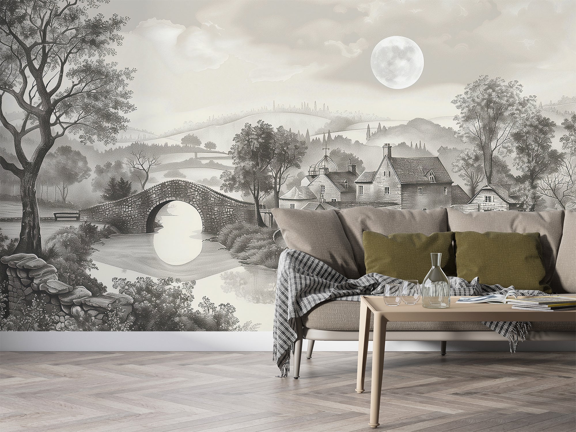 Countryside Landscape Wall Mural - Grey Monochrome Scenic Wallpaper