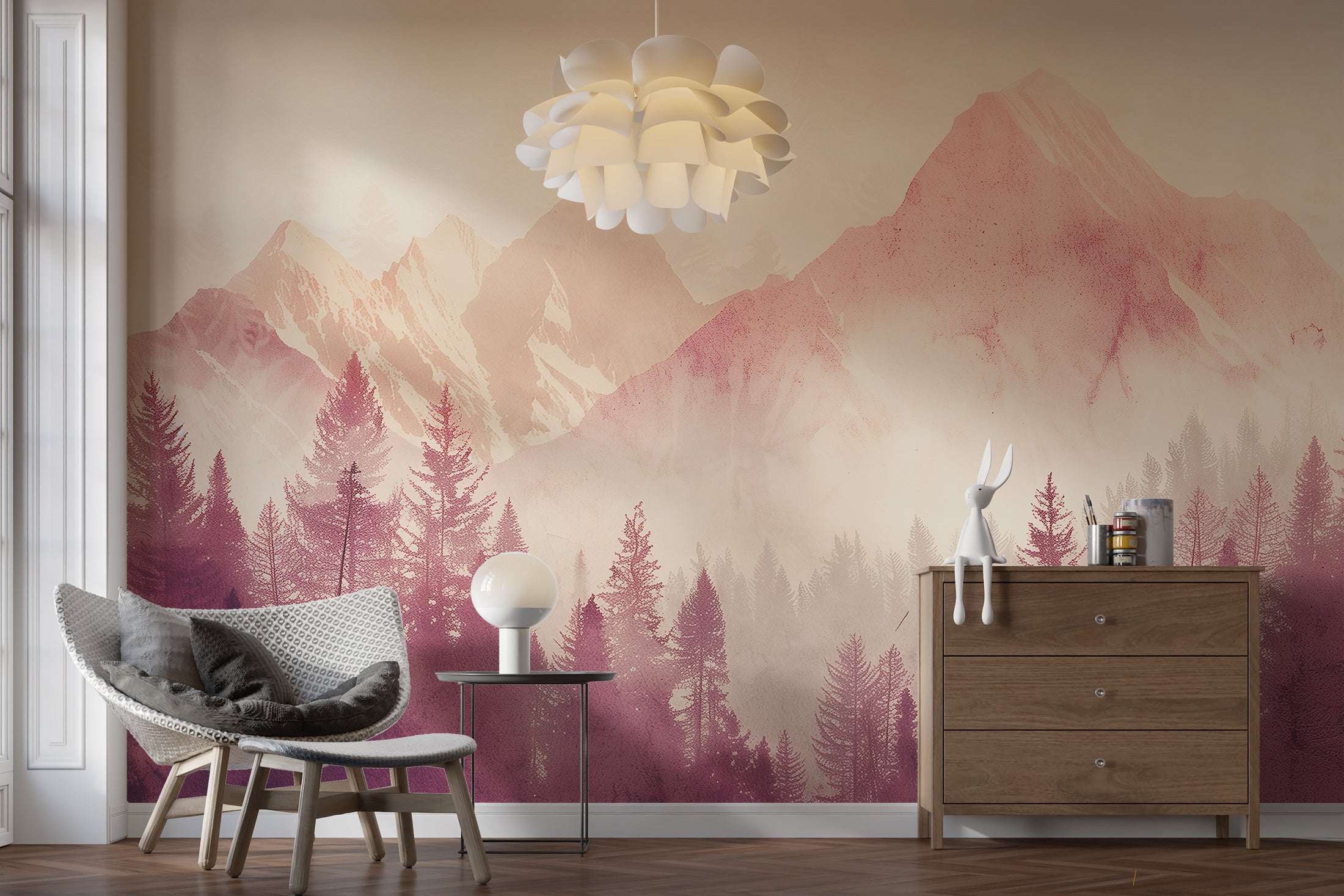 Soft Pink Watercolor Mountain and Forest Wallpaper