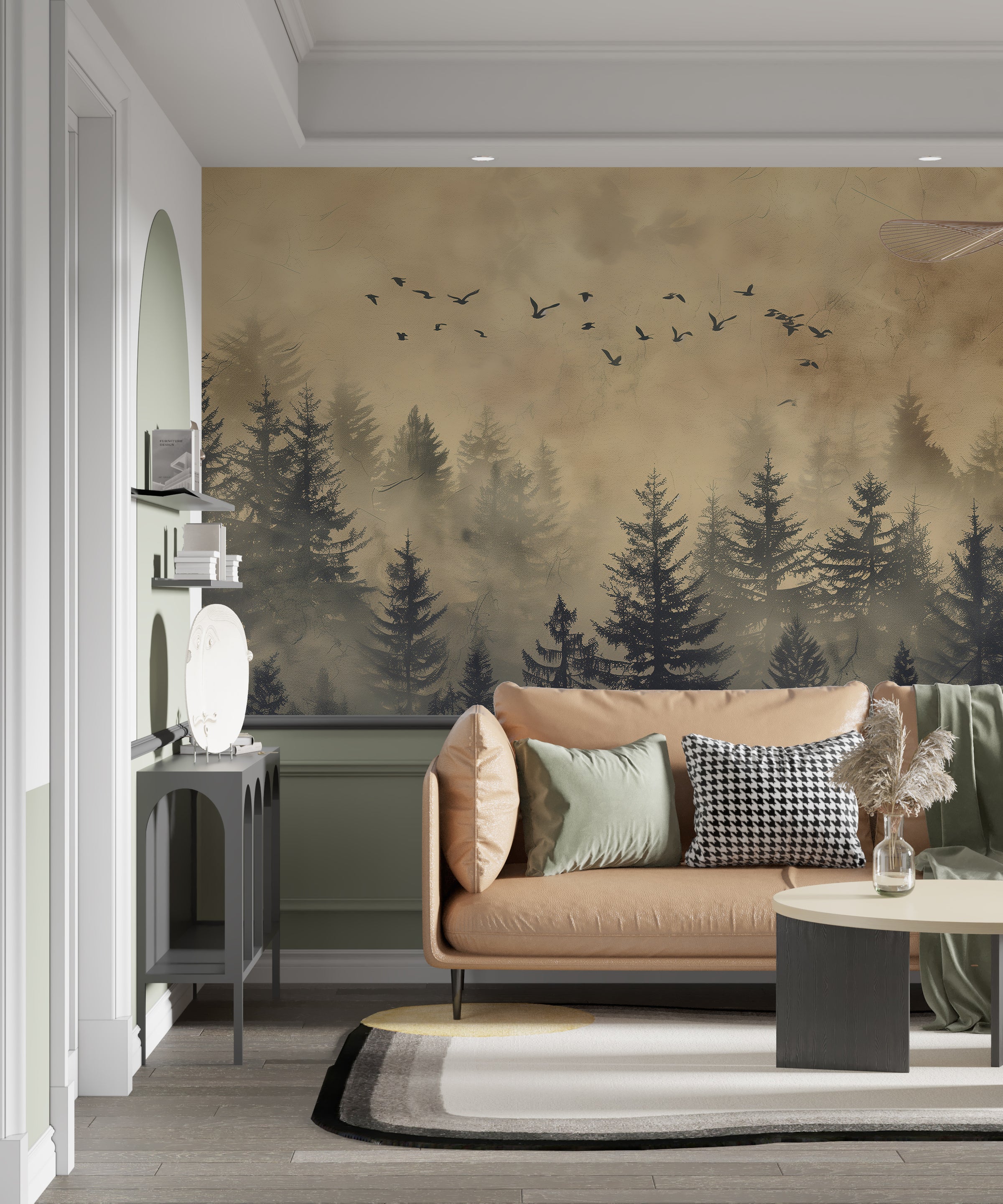 Birds and Pine Forest Vintage Mural - Beige Foggy Forest Wallpaper