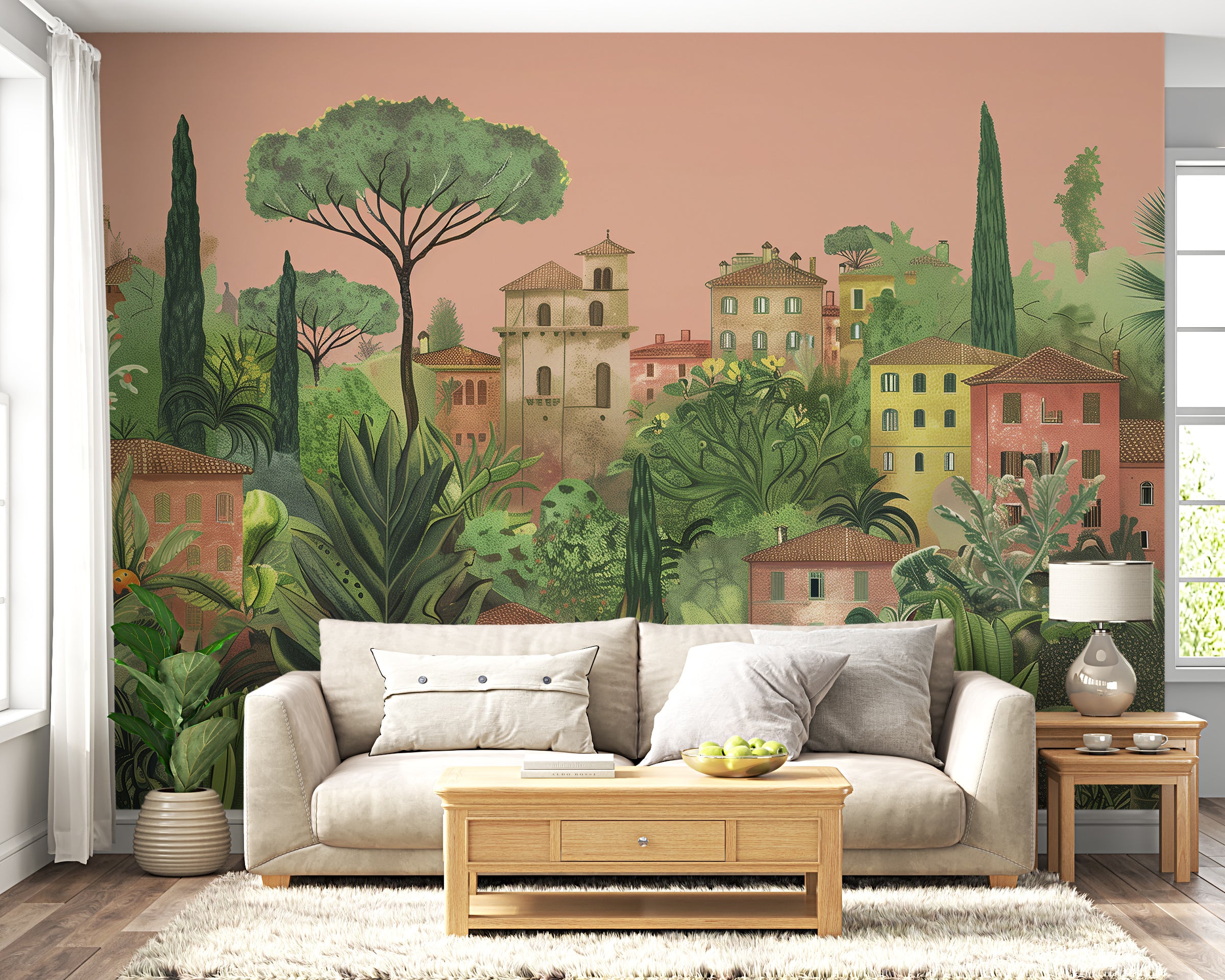 Colorful Italian City Mural - Old Town and Lush Garden Wallpaper