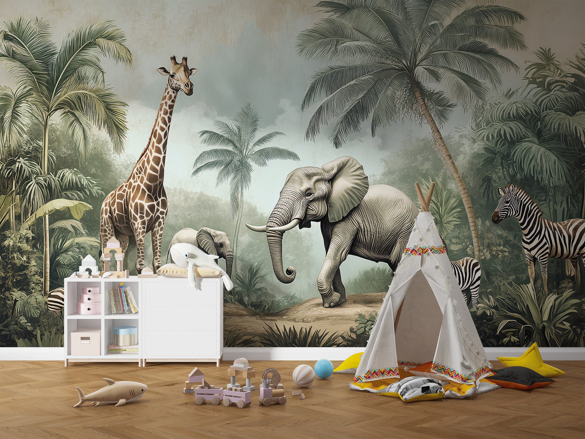 Jungle Nursery Mural - Giraffe Elephant Zebra Animals Wallpaper