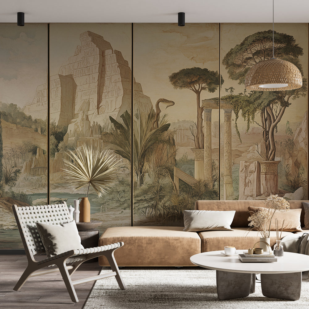 Vintage Landscape in Old Panels Style Mural - Old Greek Ruins Scenic