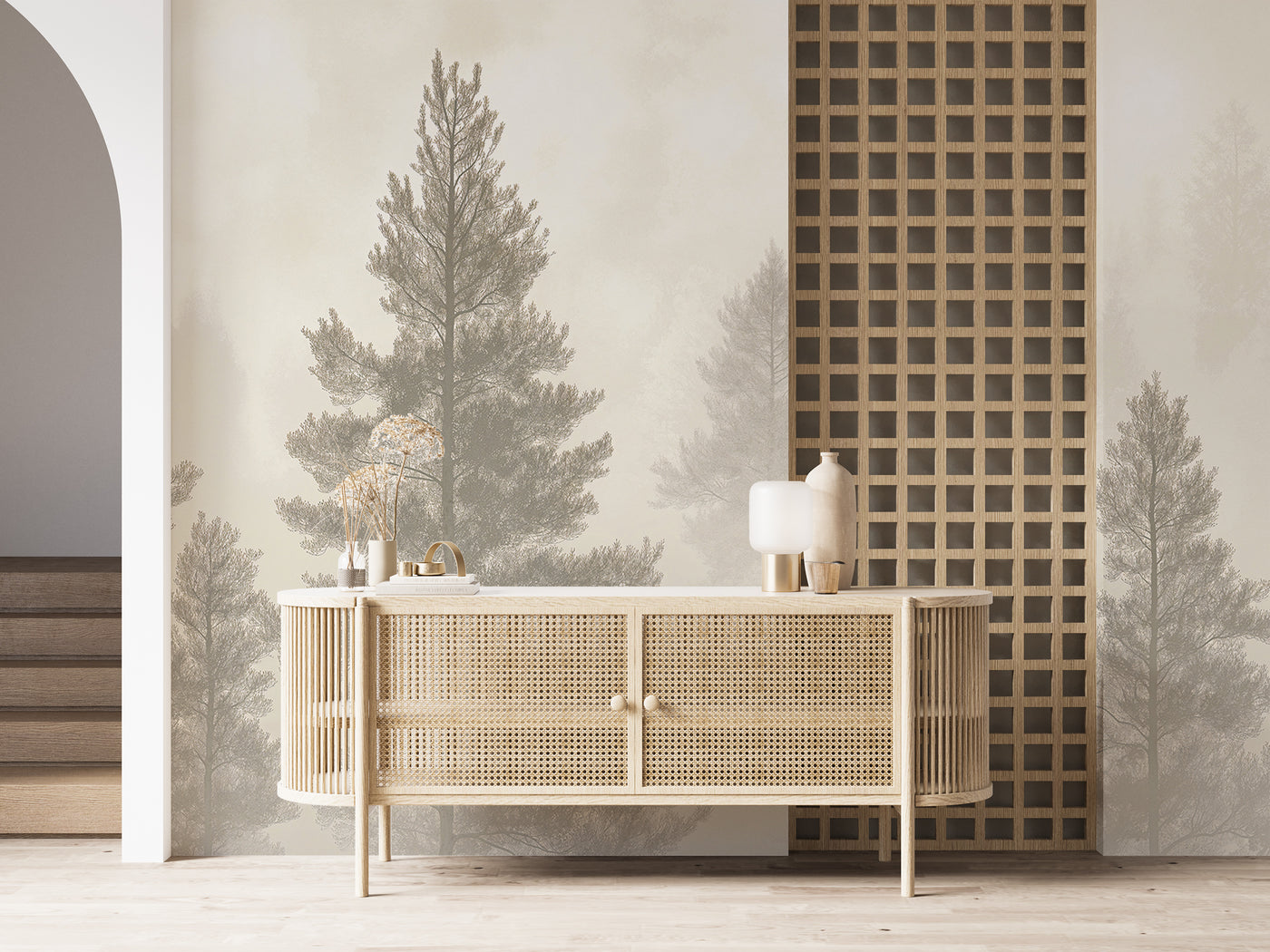 Beige Monochrome Pine Forest Mural - Minimalist Foggy Forest Wallpaper