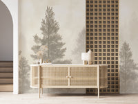 Beige Monochrome Pine Forest Mural - Minimalist Foggy Forest Wallpaper